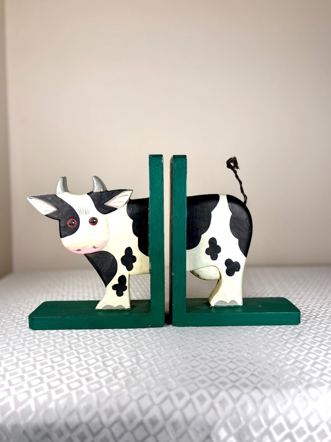 Vintage Hand-painted Wooden Cow Bookends – Folk Art Farmhouse Decor ...