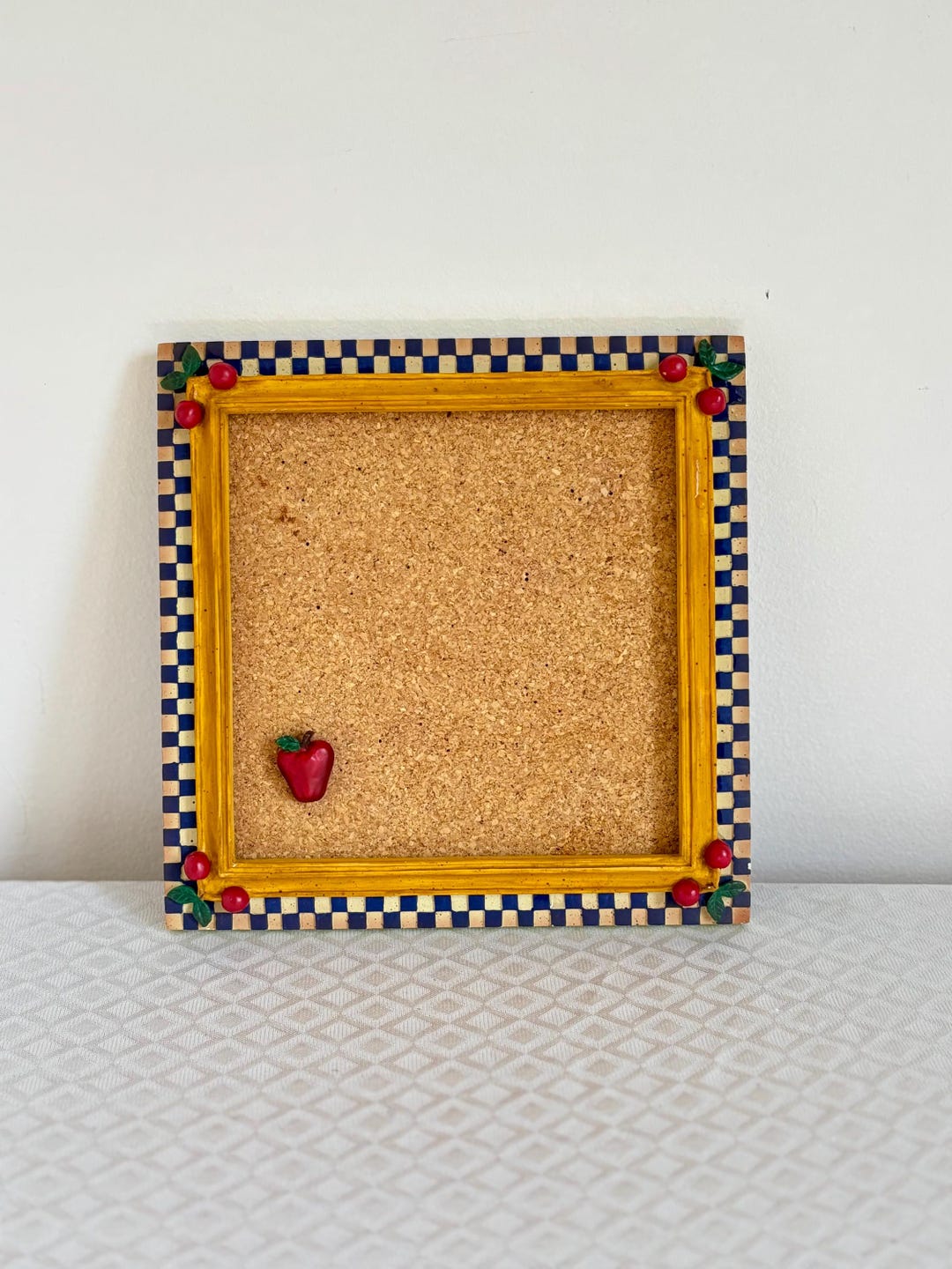 Vintage Cork Board - Retro Small Pin Board - Checker Frame With Cherry ...