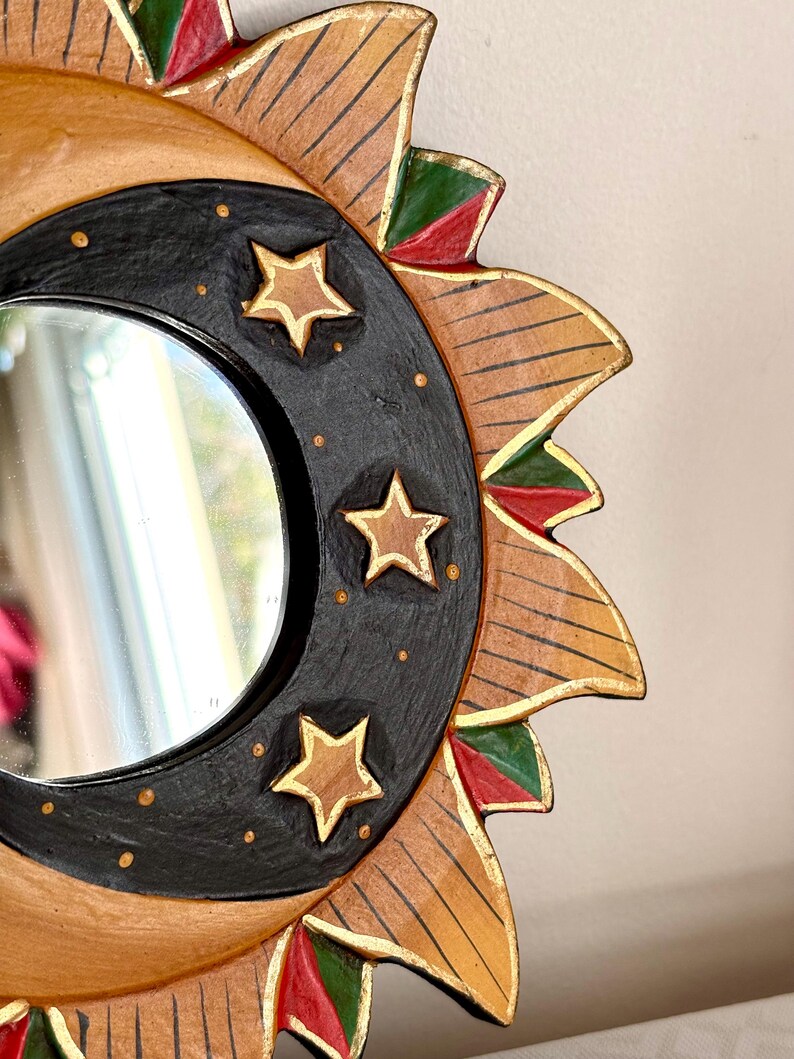 Whimsical Boho Celestial Mirror | Vintage Hand-carved Moon Stars Wood ...