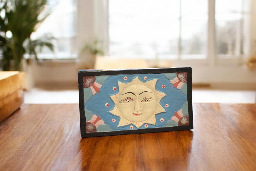Vintage Indonesian Celestial Box, Sun Decor, Hand Painted Sun and Star ...