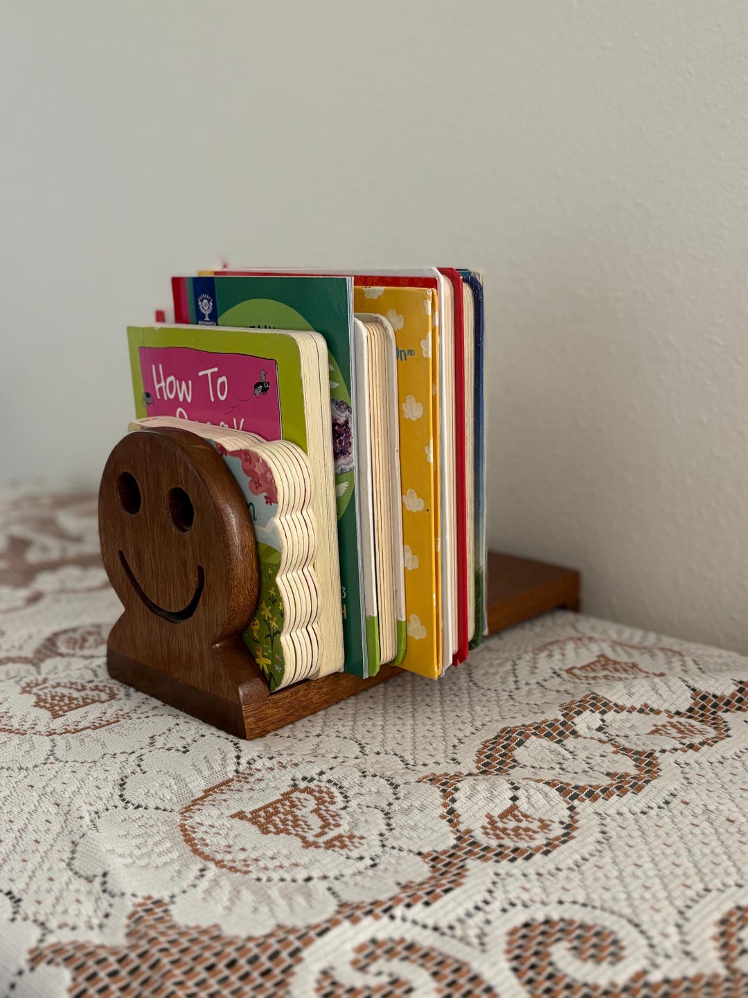 Smiley Face Wooden Bookend | Nursery Shelf Decor | Boho Happy Face Home ...