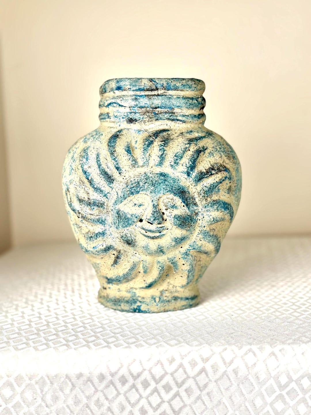 Vintage Terracotta Sun Face Vase | Rustic Blue & White Folk Art Pottery ...