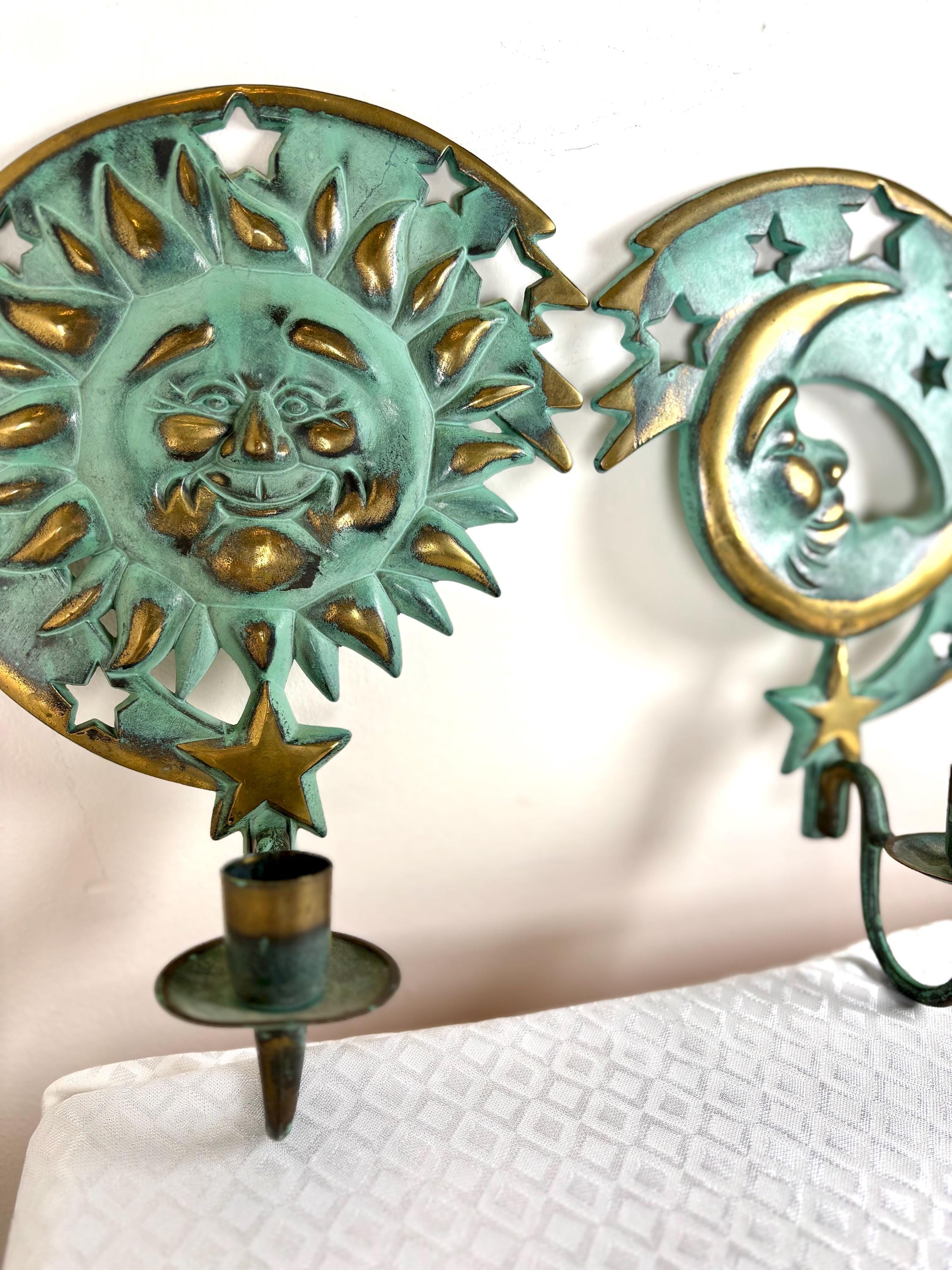 Sun Moon Stars Candle Holder Set • Green Brass Celestial Wall Sconce - Etsy