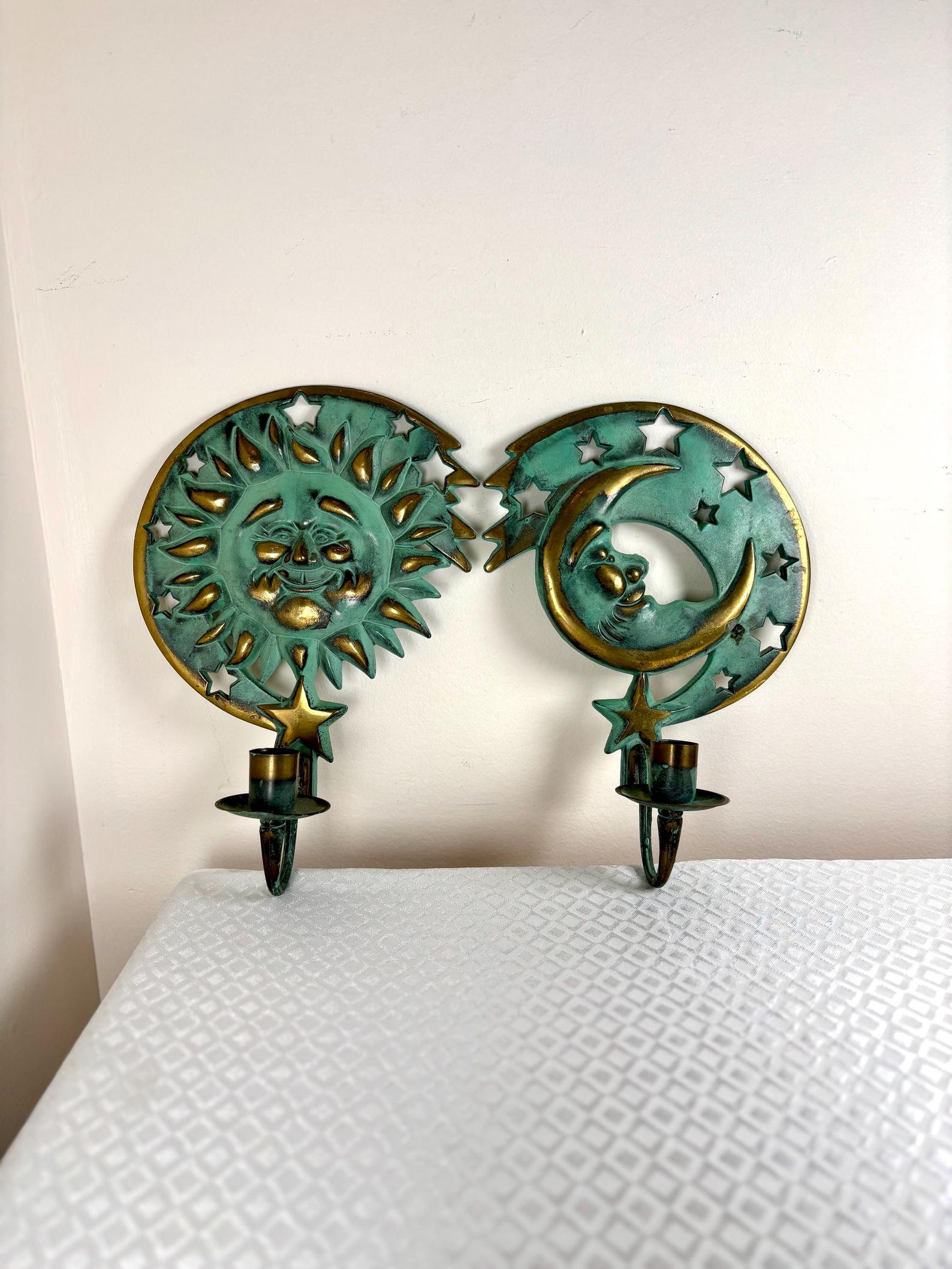 Sun Moon Stars Candle Holder Set • Green Brass Celestial Wall Sconce - Etsy