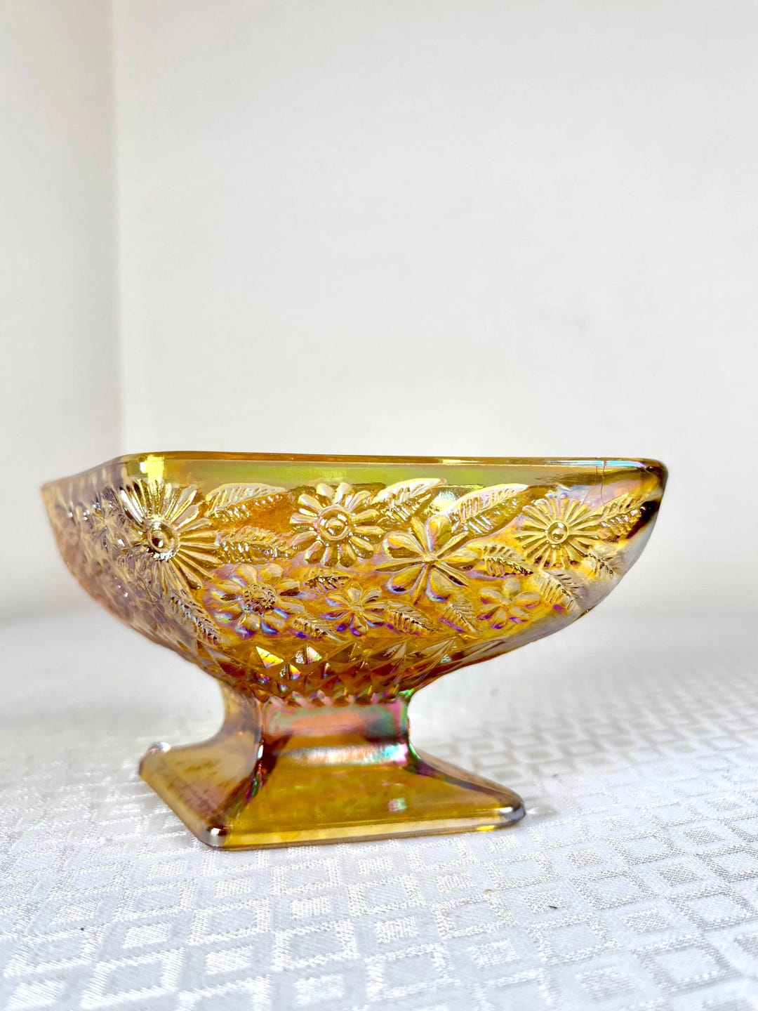 Vintage Indiana Glass Amber Carnival Glass Pedestal Dish, Pineapple ...