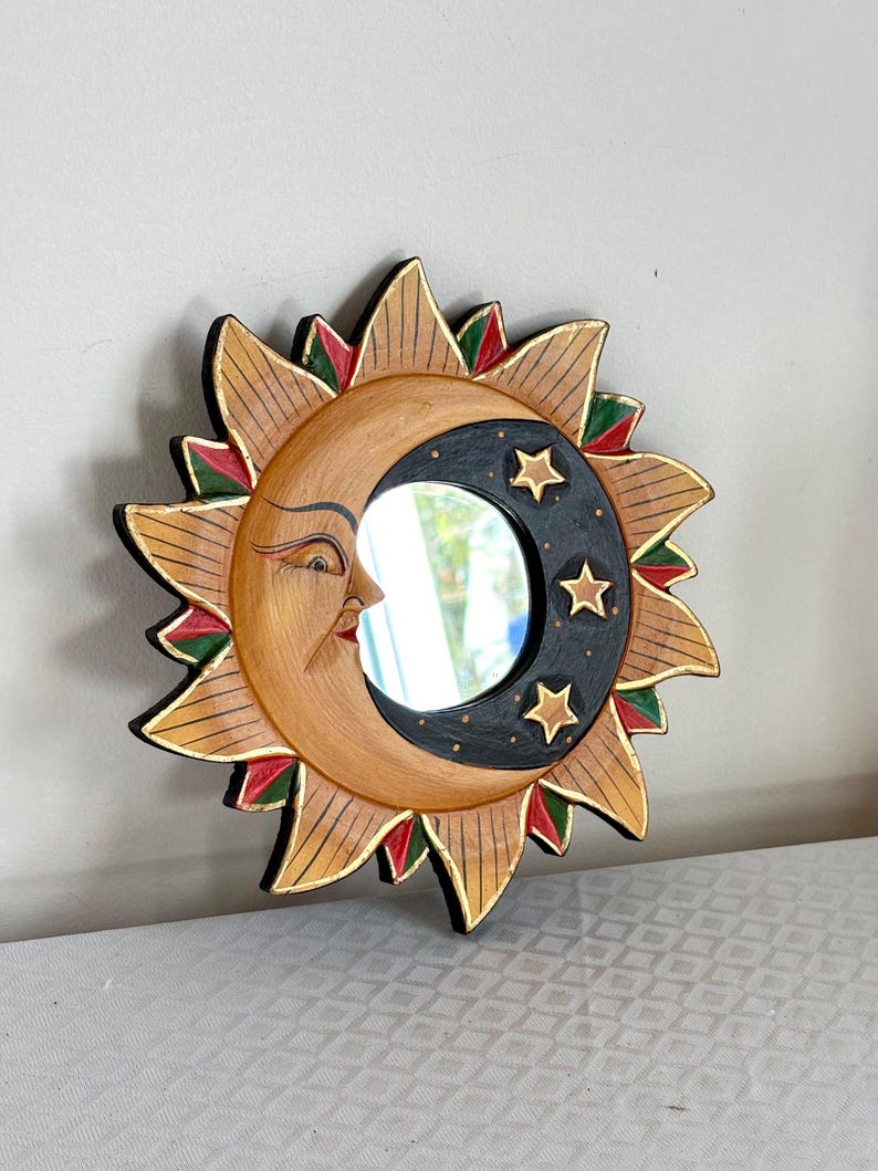 Whimsical Boho Celestial Mirror | Vintage Hand-carved Moon Stars Wood ...