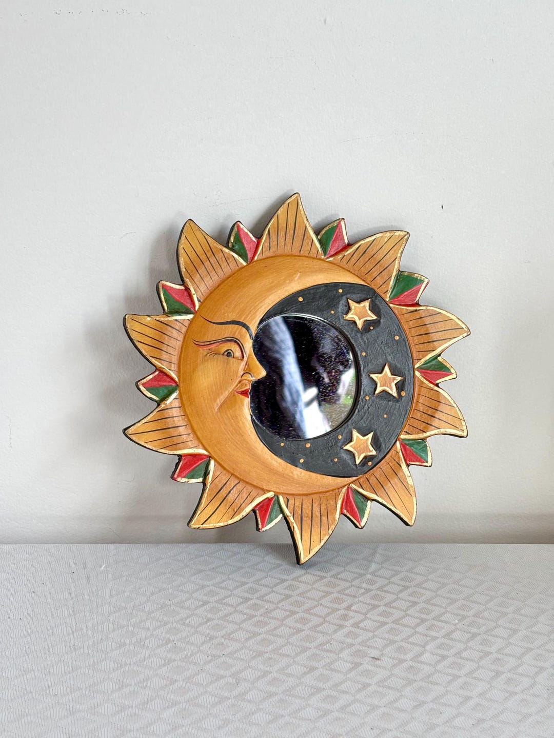 Whimsical Boho Celestial Mirror | Vintage Hand-carved Moon Stars Wood ...