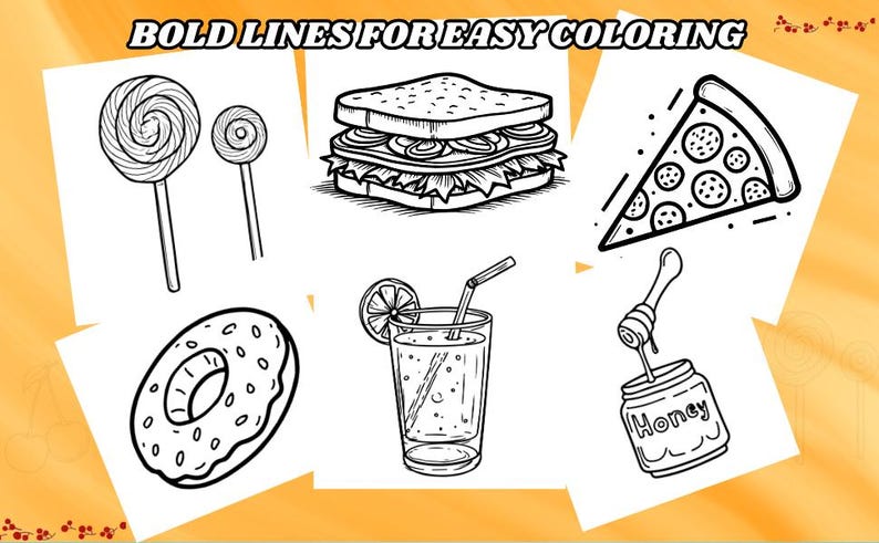 Food & Snacks Coloring Book: Bold and Easy Designs for Adults and Kids ...