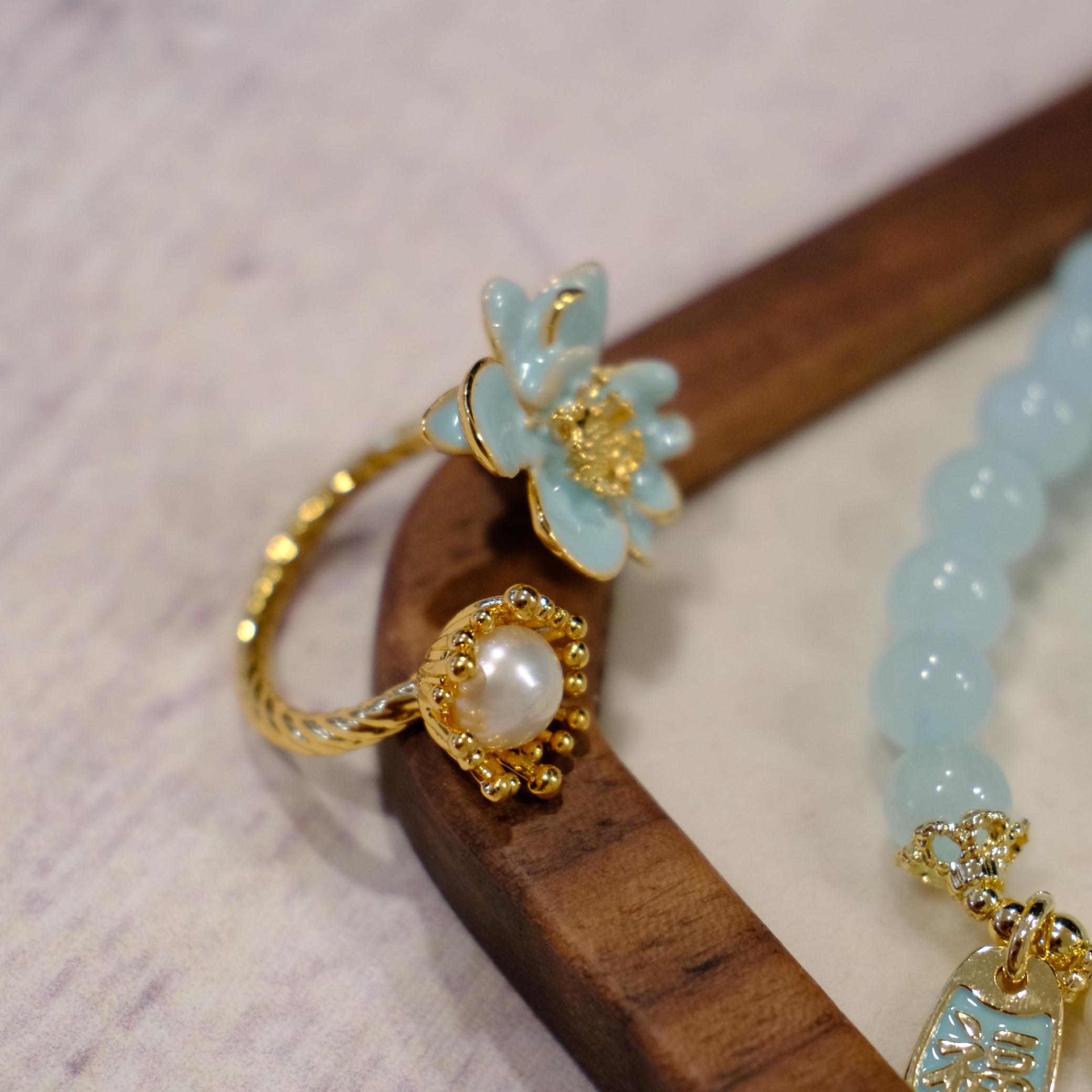 Handmade Blue Enamel Flower Ring: Gold Pearl Adjustable Statement ...