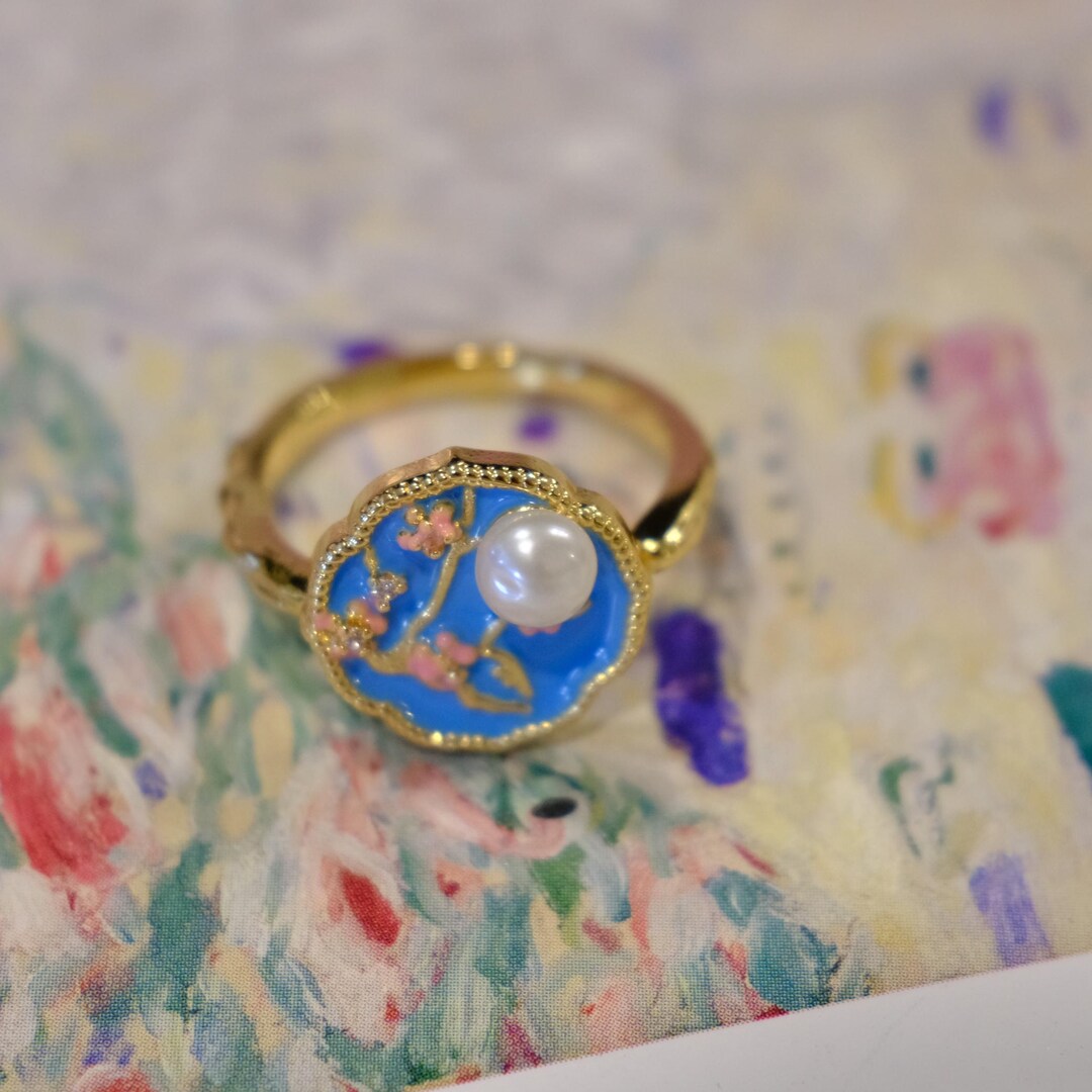 Monet Garden Enamel Blue and Adjustable Ring Size US6-8, Flower Pearl ...
