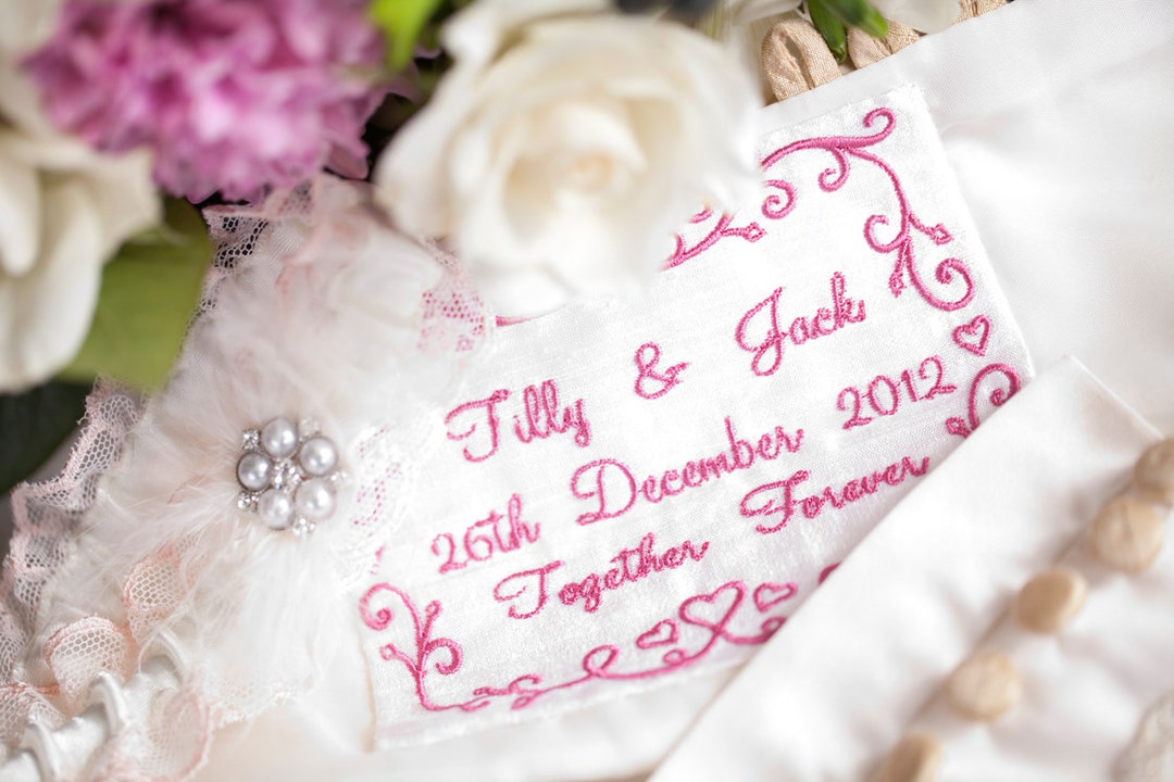 Wedding Dress Label With Heart Border - Silk Wedding Dress Label ...