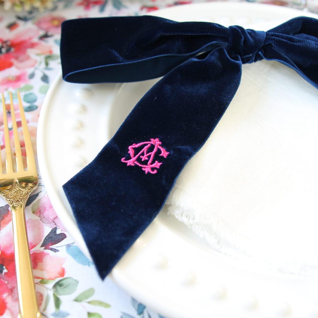 Intertwined Monogrammed Velvet Bow – Ribbon Embroidered With 2 Initials ...