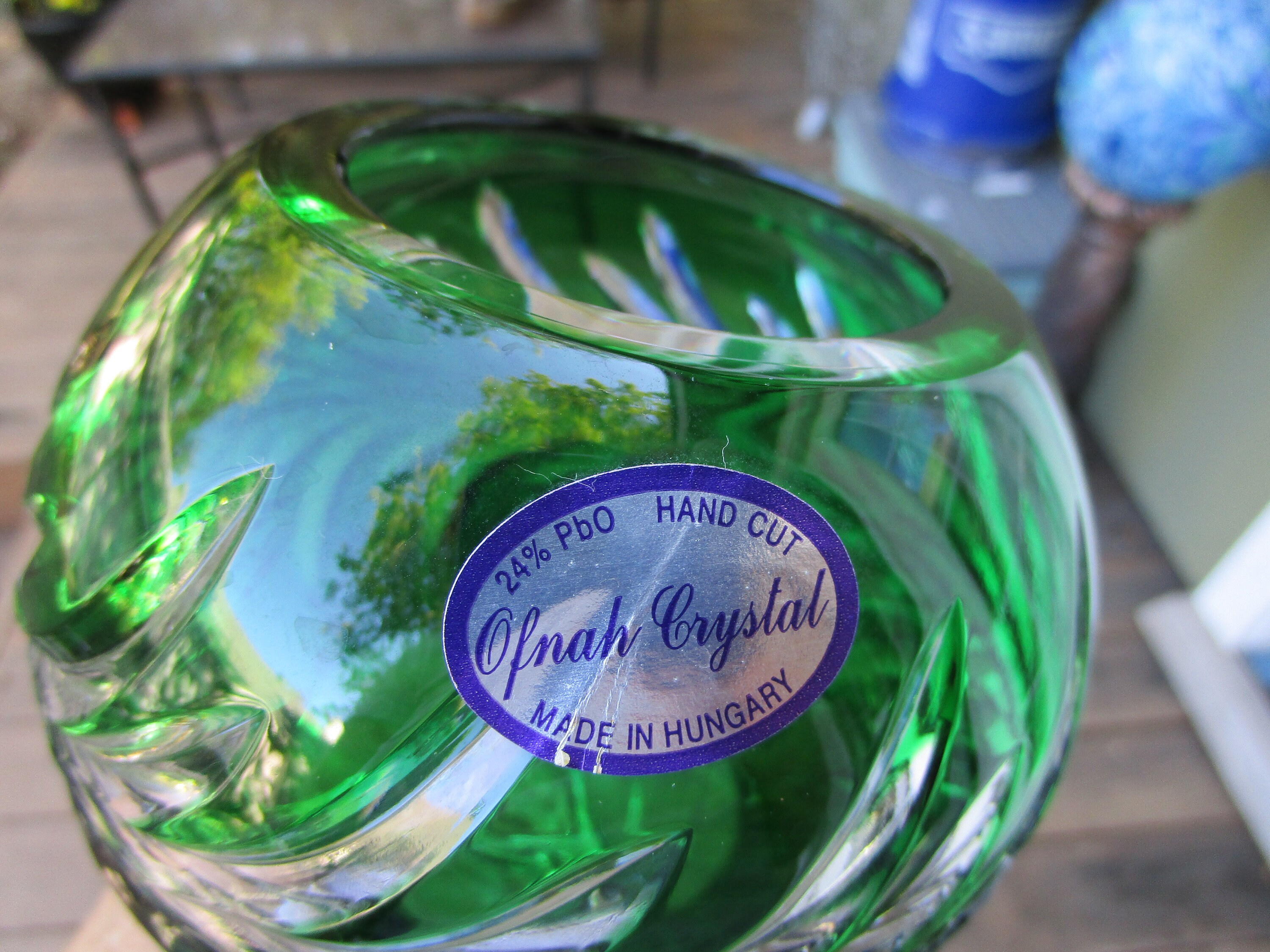 Ofnah Crystal Cut Glass Bowl Green Glass Rose Bowl on Pedestal Votive ...