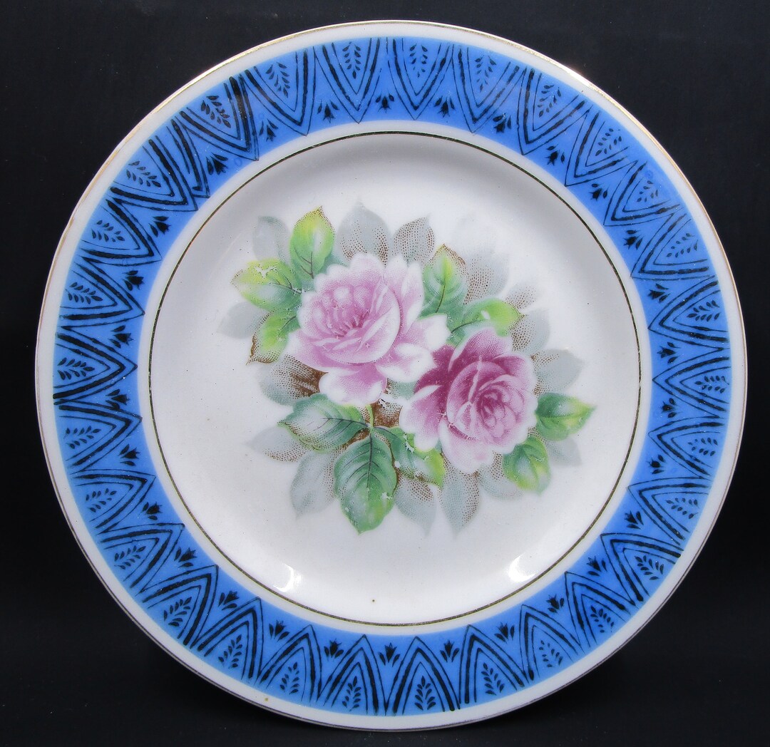 Pink Roses Plate, Blue Band Border, Made in Occupied Japan, 6 1/4" Wall ...
