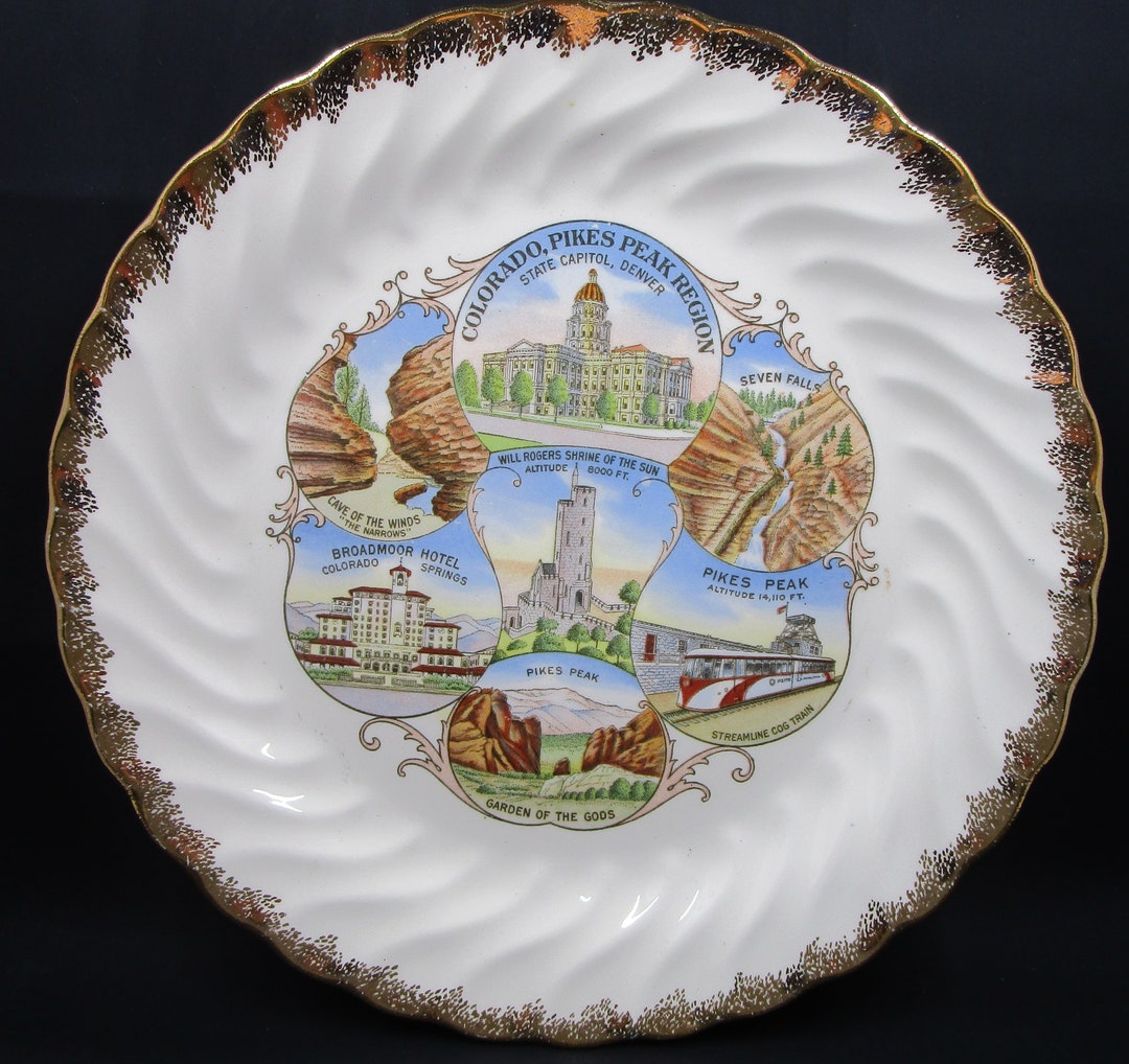 Colorado Pikes Peak Region Plate, 9 1/4" Aristochrome Gold Border Plate ...