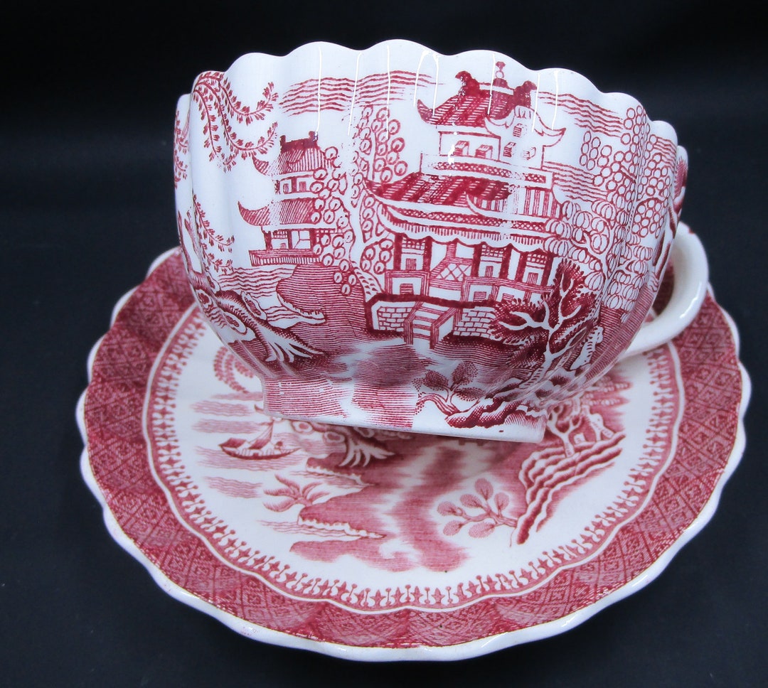Spode MANDARIN Cup & Saucer 6 Oz. Cup Pink Transferware Willow Pattern ...