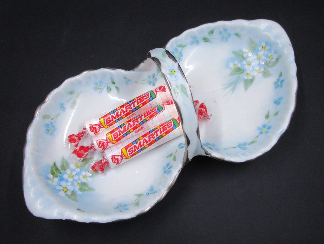 Divided Candy Dish Nut Dish Hand Painted Blue and White Flowers, Silver ...