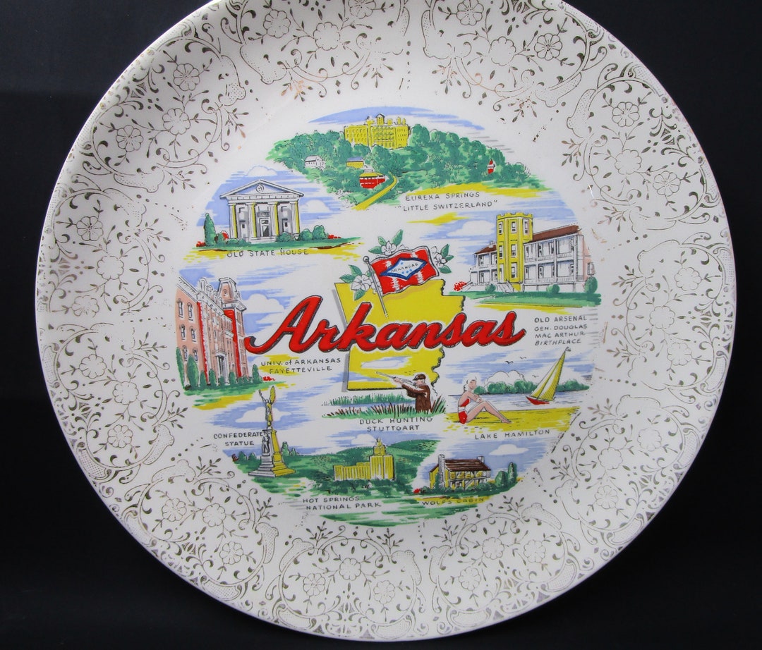 Arkansas Souvenir Plate 9 1/4 Inch 1950s Keepsake Plate Gold Filigree ...
