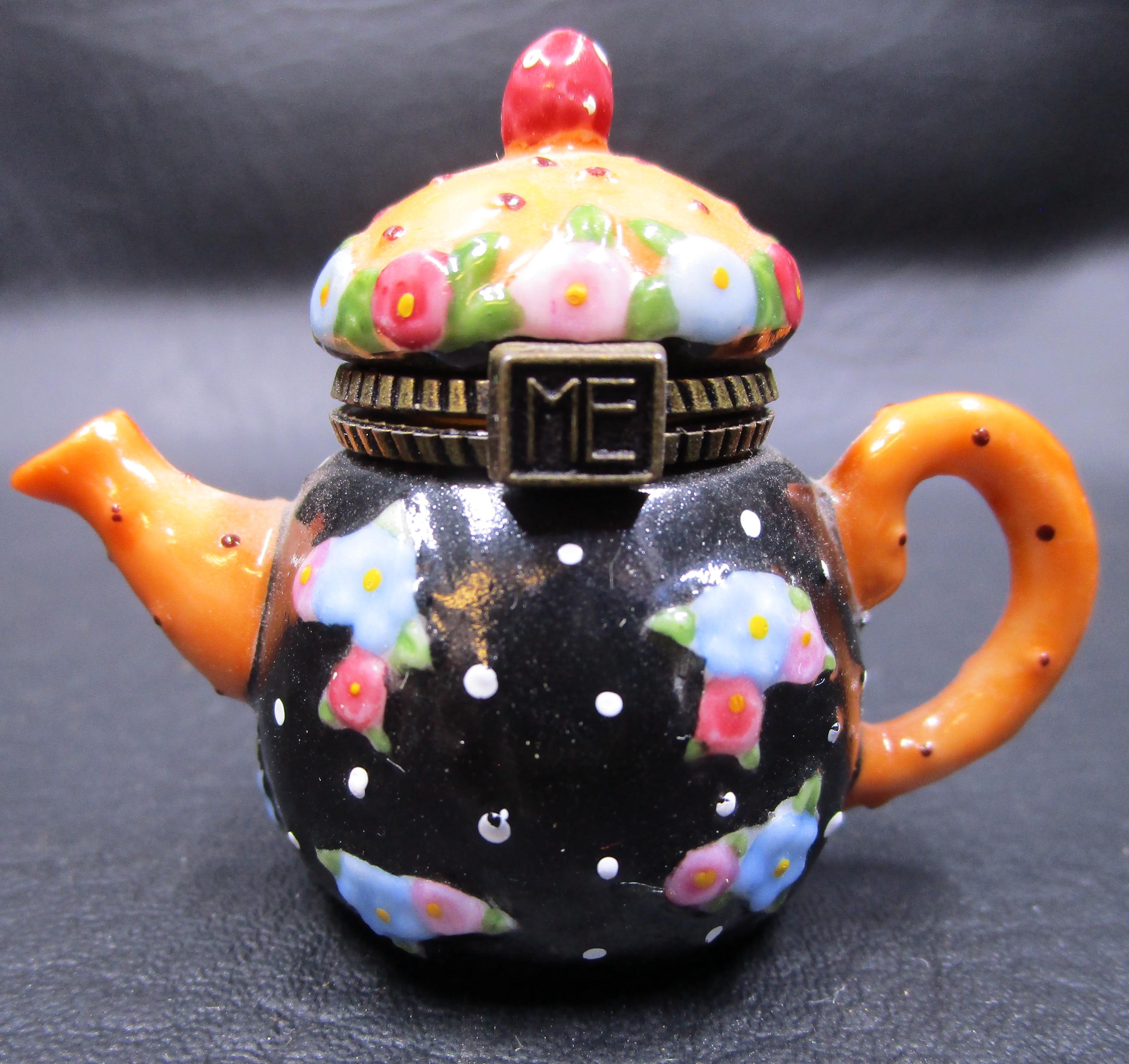 Mary Engelbreit Trinket Box Miniature Tea Pot Shape Black and Orange 1998