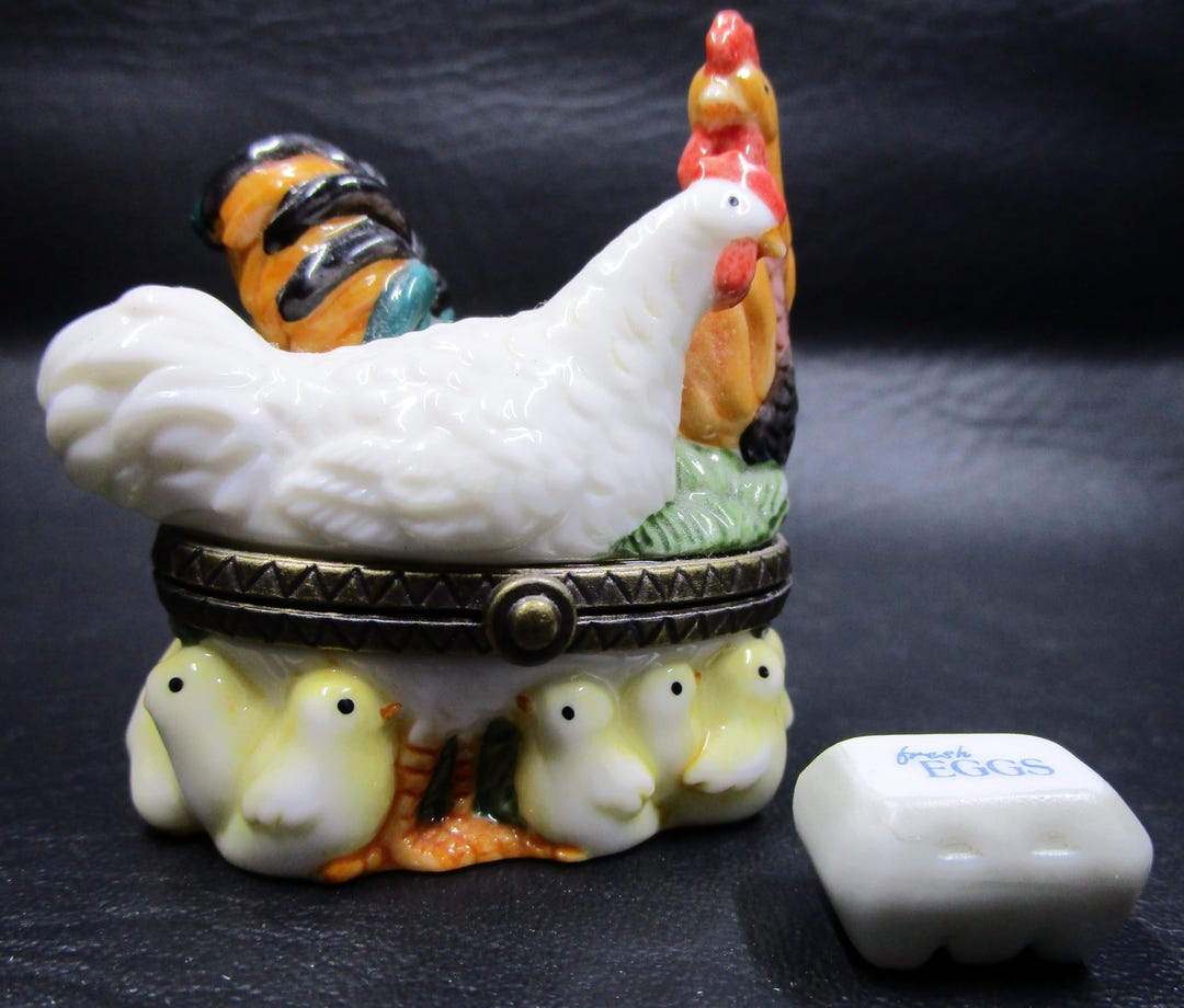 Chickens Trinket Box With Carton of Eggs, PHB Porcelain Hinged Treasure ...