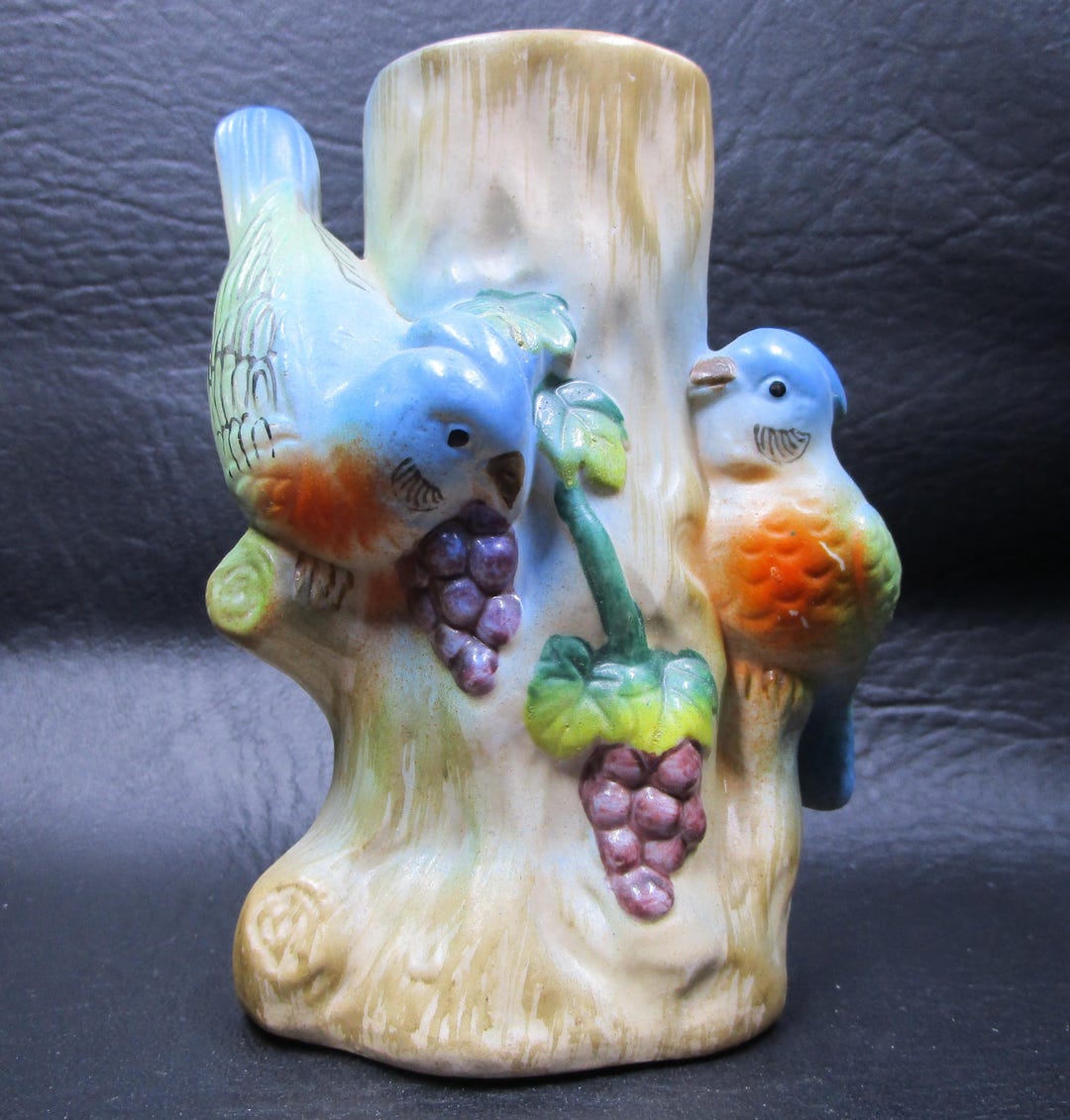 Blue Parrots Bud Vase Birds on Tree Trunk Majolica 4 1/2" Tall - Etsy
