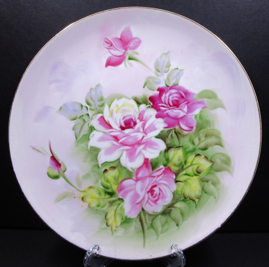 Lefton Rose Bouquet Plate 8" Display Plate Pink Roses Pink Background ...