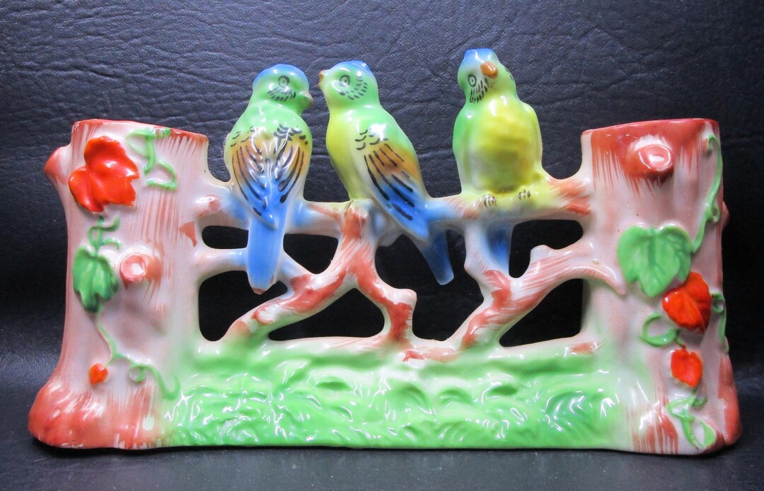 Double Bud Vase MCM Colorful Trio Parrot Birds Tree Trunk Flower Vase ...