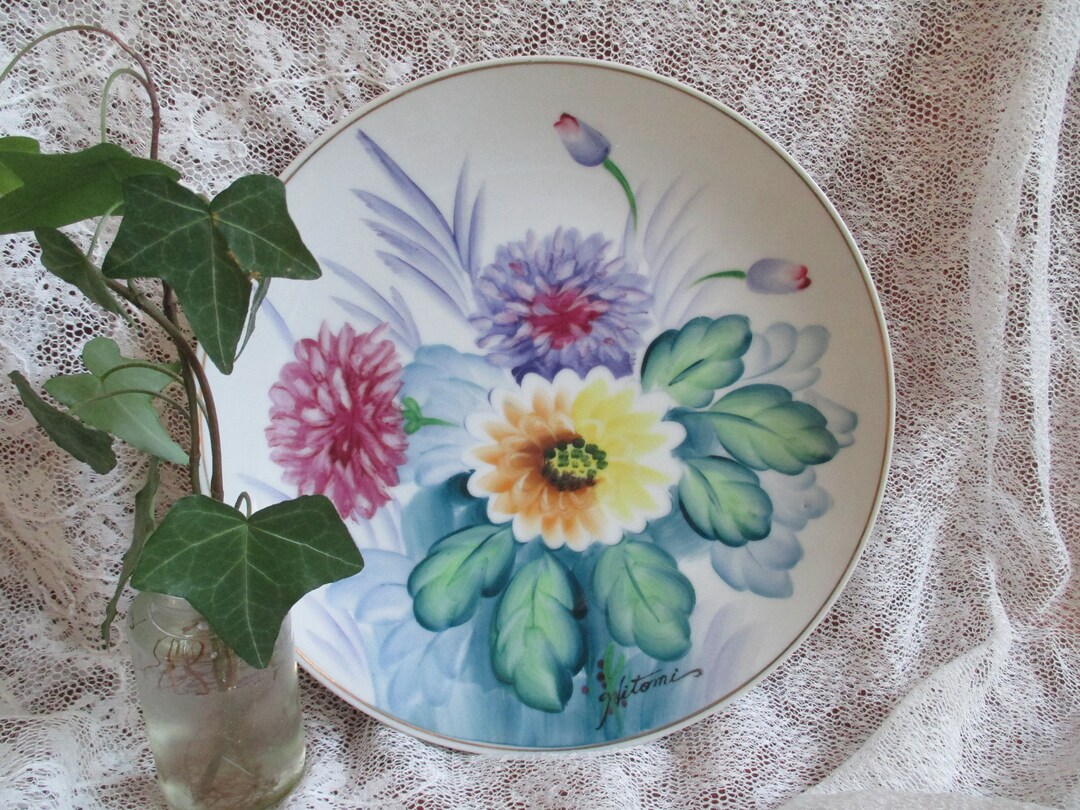Bright Flowers Plate Wall Hanging Plate Artist Signed Hitomi Cottage ...
