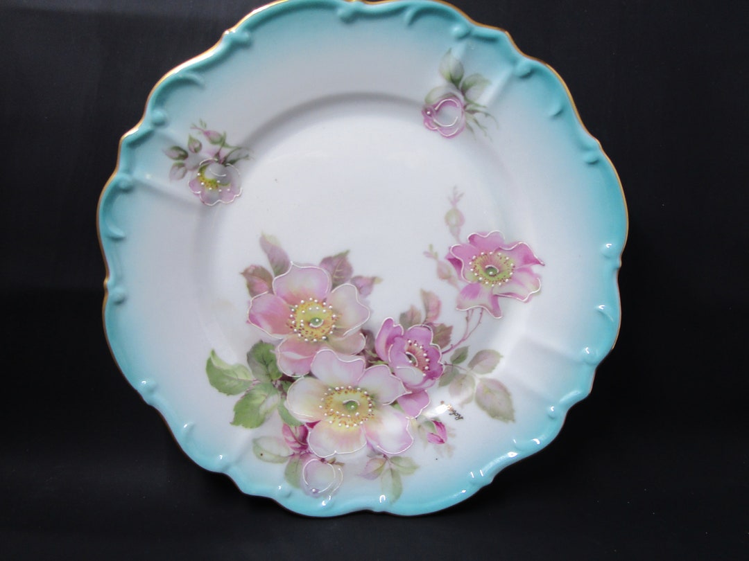 Leni Parbus Plate, Pink Roses Aqua Border, Signed Robert, Bavaria Plate ...