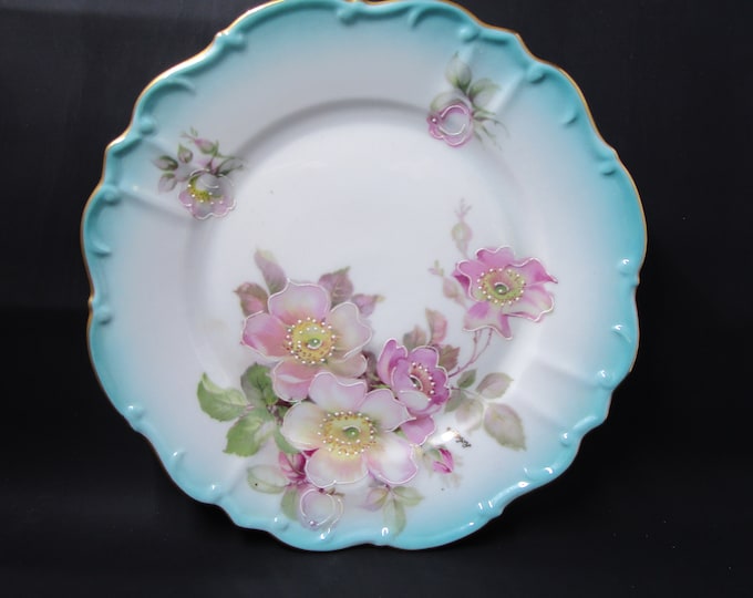 Leni Parbus Plate, Pink Roses Aqua Border, Signed Robert, Bavaria Plate ...