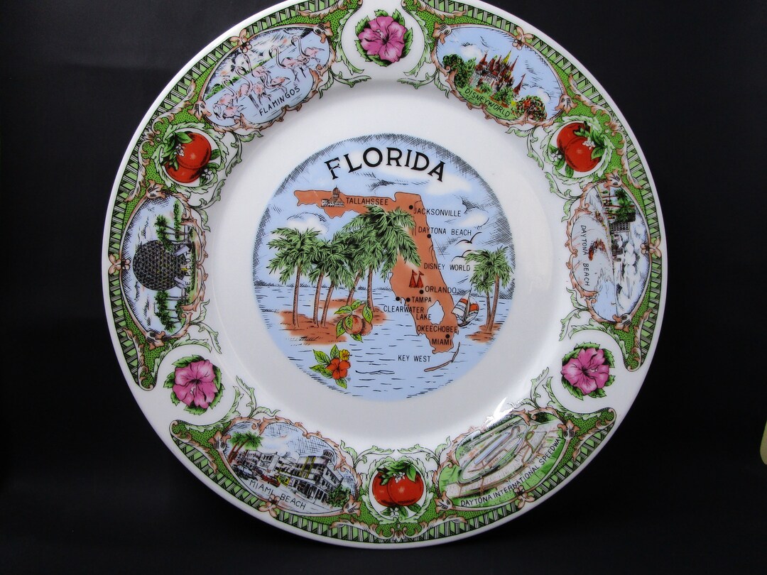 Florida Souvenir Plate 9" White Plate With Colorful Design Border ...