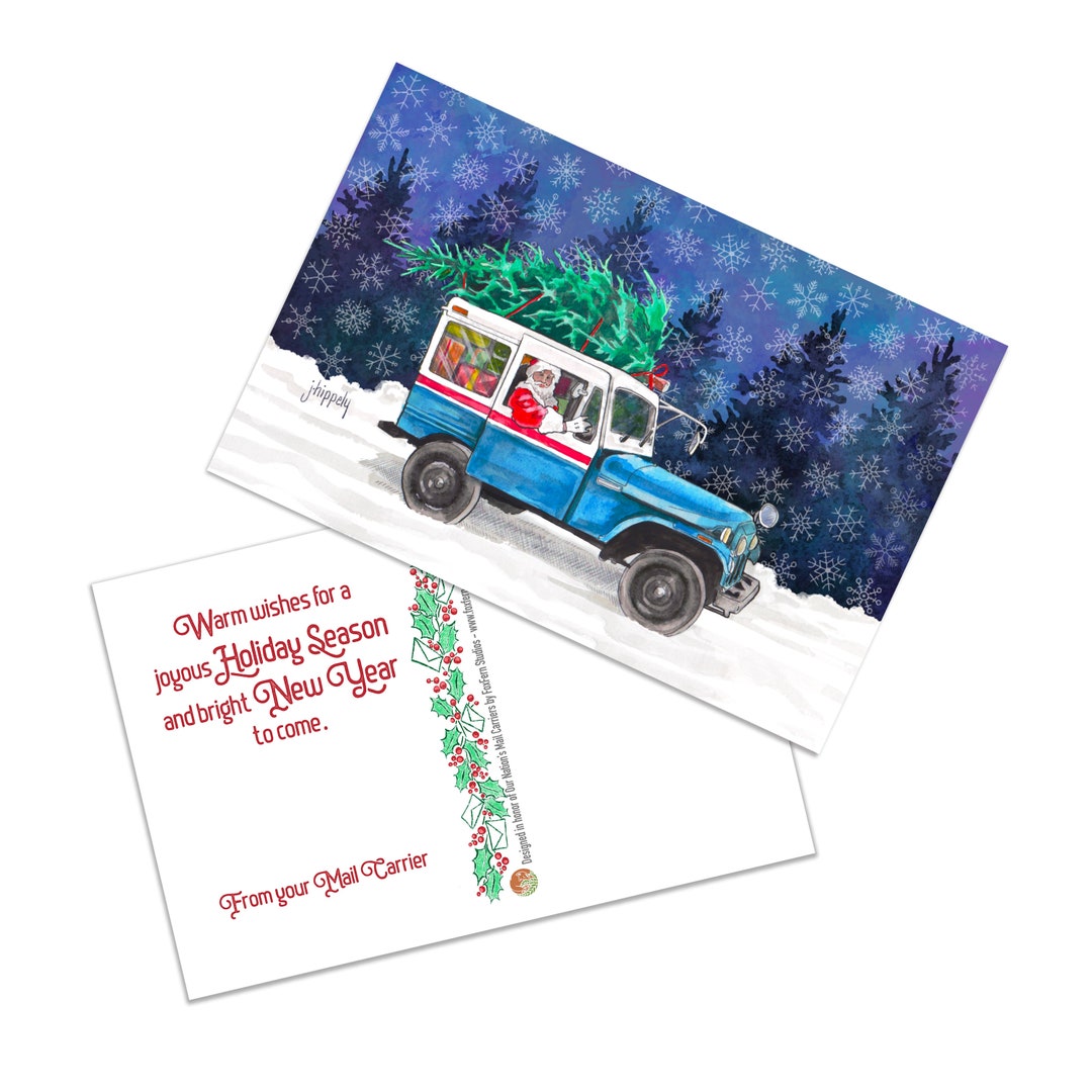 Mail Carrier Holiday Postcard - Santa Driving DJ5 Mail Jeep in Snow - 4 ...