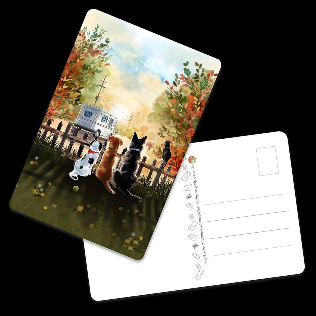 Blank Postcards - Pets Watching Mail Truck Drive by - Premium Card ...