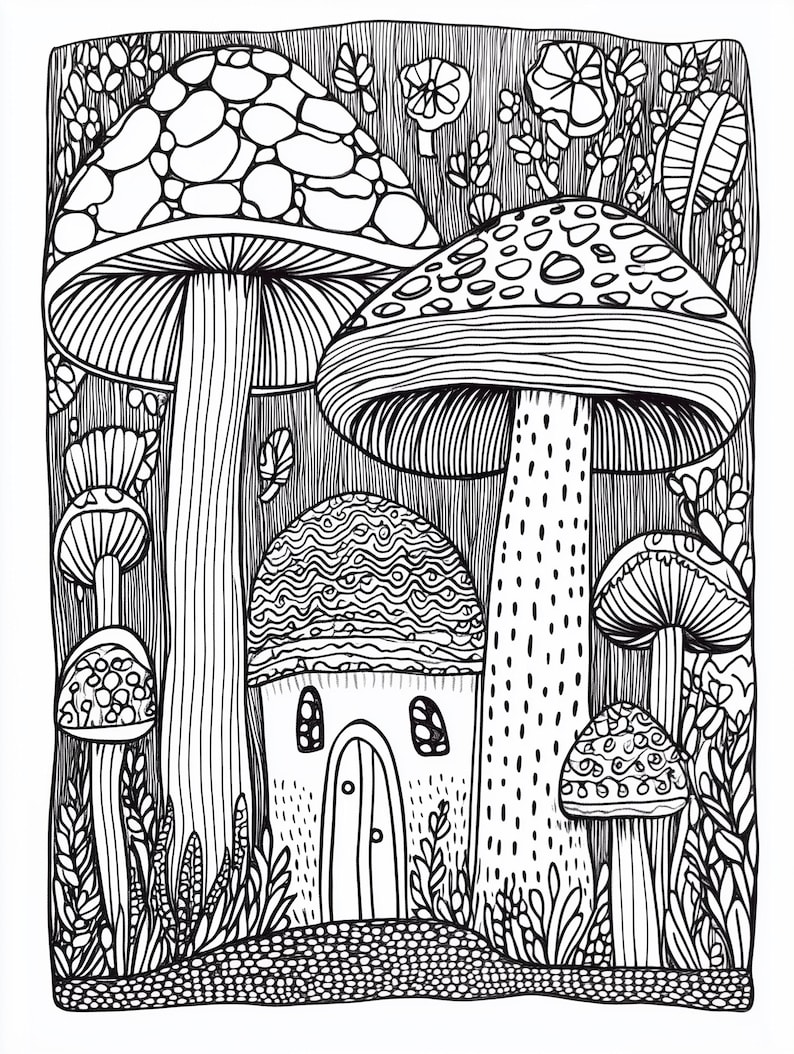 Whimsical Mushroom House Coloring Page - Printable for Kids and Adults ...