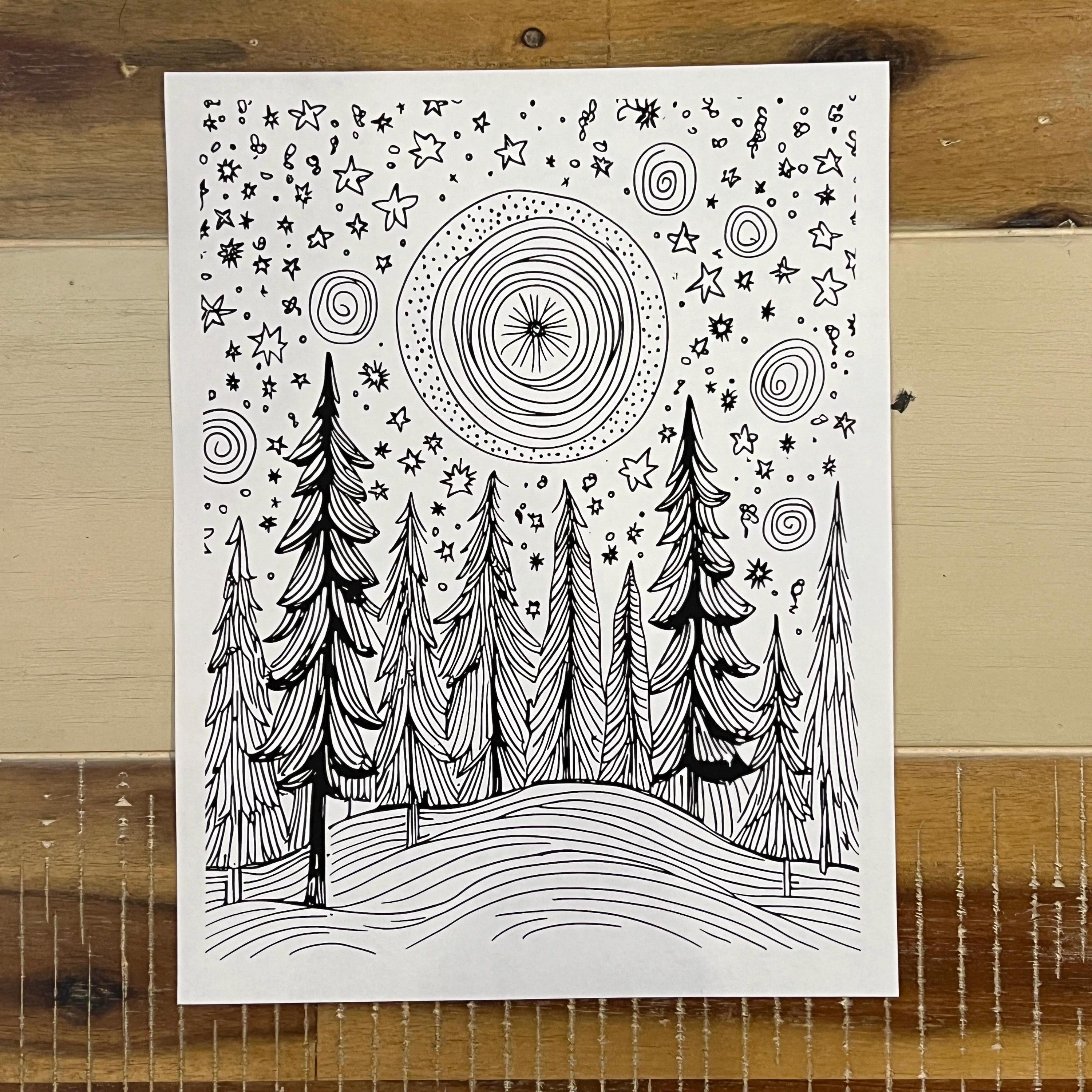 Starry Night Forest Coloring Page - Printable Cosmic Nature Artwork - Etsy