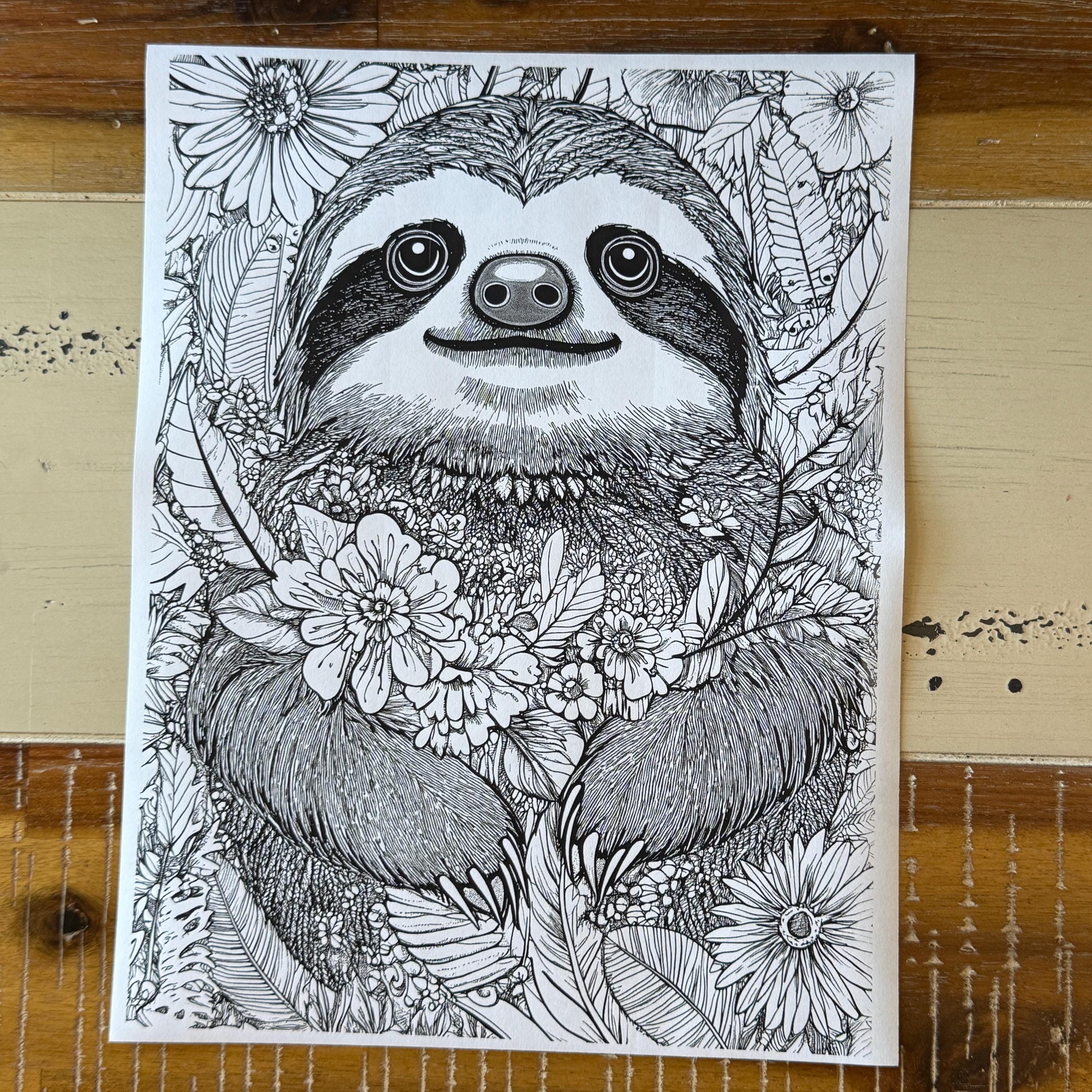 Floral Sloth Coloring Page – Cute and Relaxing Animal Printable for ...