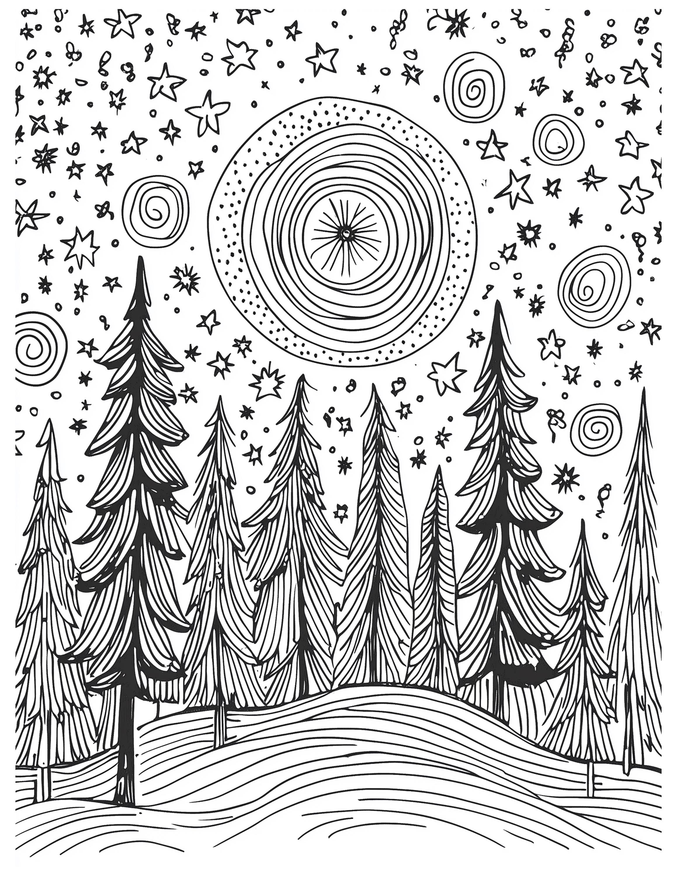 Starry Night Forest Coloring Page - Printable Cosmic Nature Artwork - Etsy
