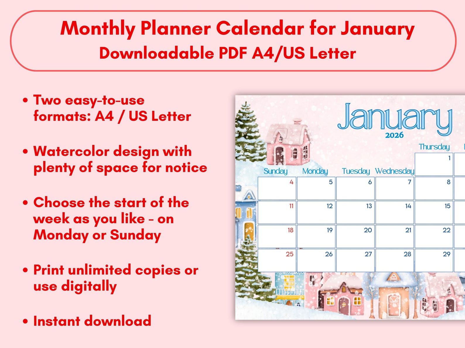 Watercolor January 2026 Calendar, Printable Planner (PDF A4/US Letter ...