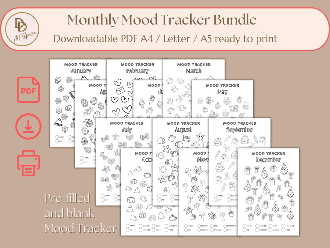 Monthly Mood Tracker Bundle: Printable Coloring Journal (PDF Download ...