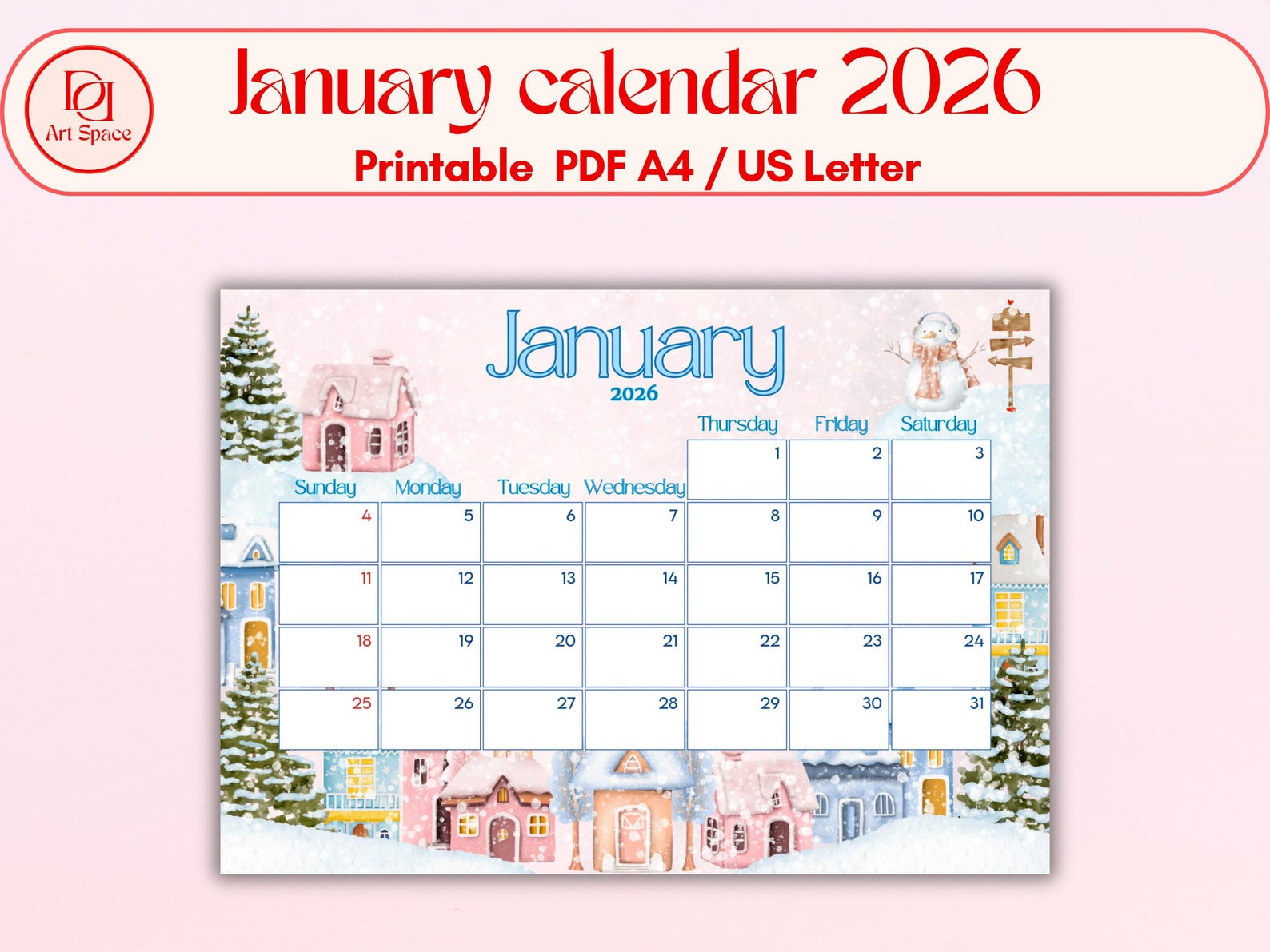 Watercolor January 2026 Calendar, Printable Planner (PDF A4/US Letter ...