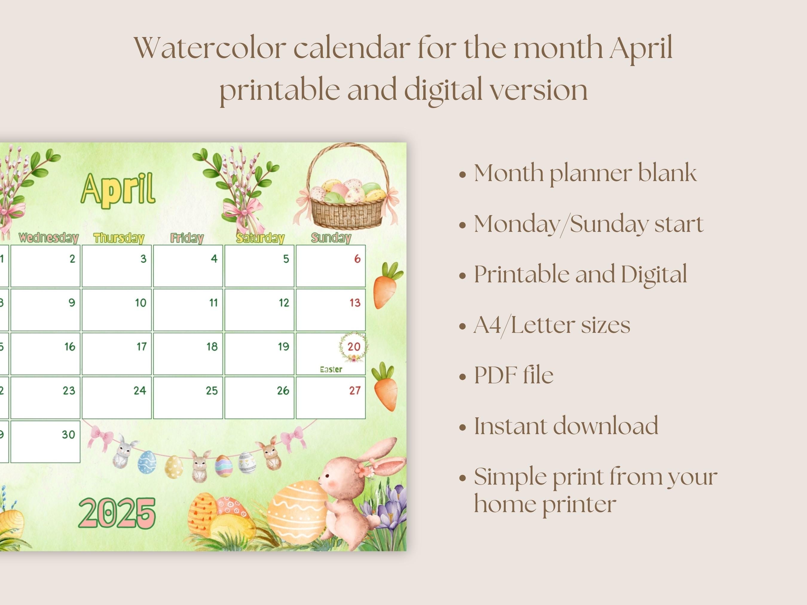 Cute Watercolor Calendar for April 2025 Printable Monthly 2025 Planner ...