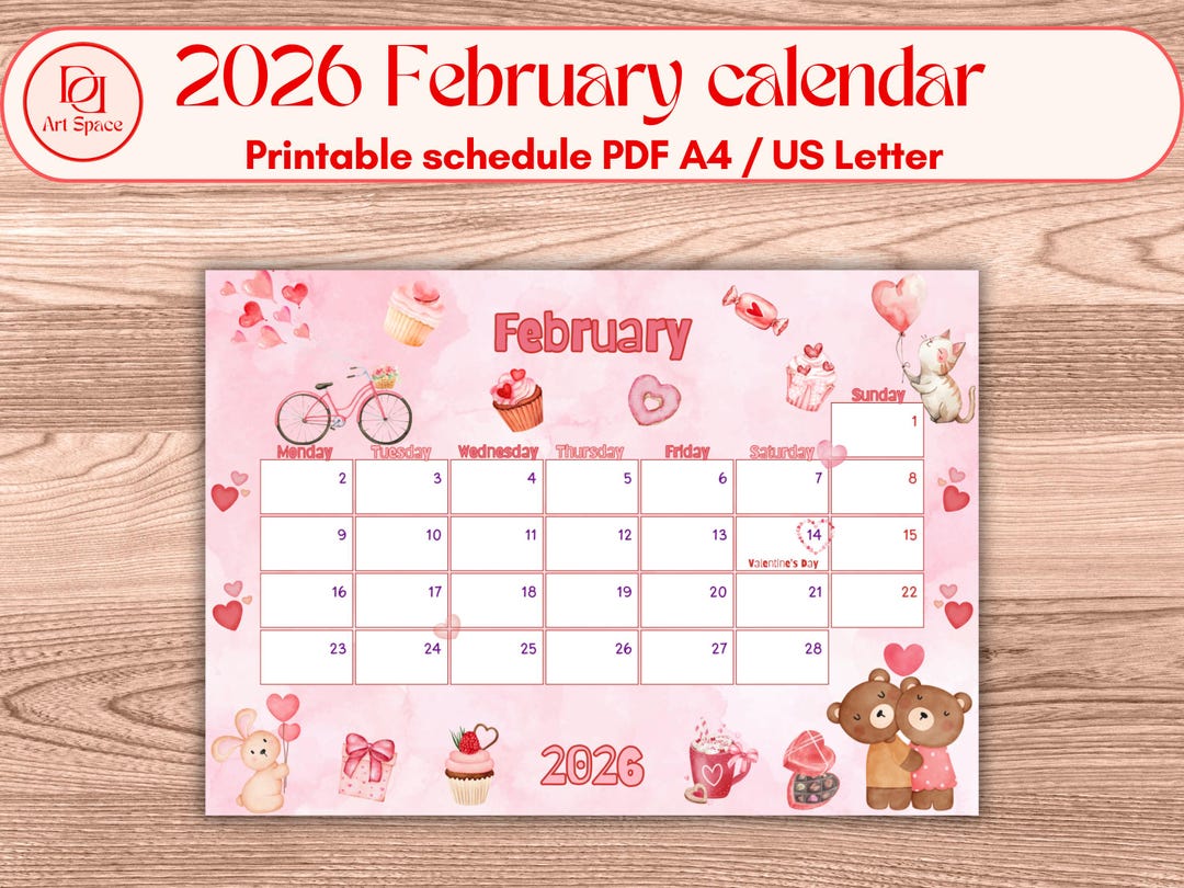 February 2026 Calendar: Valentines Day Watercolor Planner (A4/US Letter ...