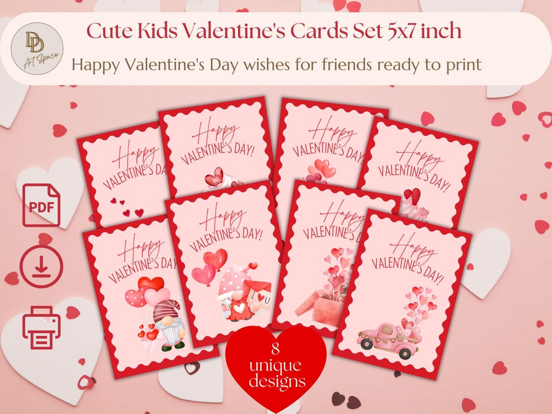 Kids Valentine's Day Cards Set, PDF Download 5x7 Inch Funny Printable ...