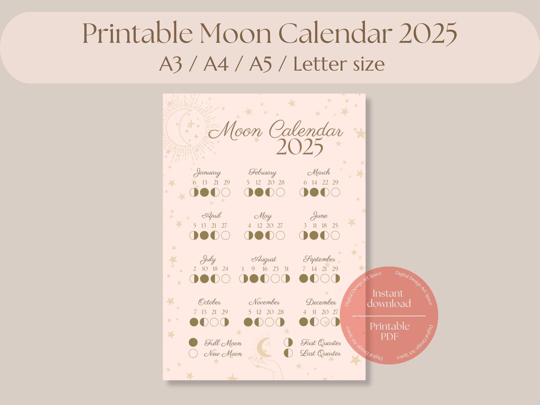 Printable PDF Moon Phase Calendar 2025, Moon Cycle in A3 A4 A5 Letter ...