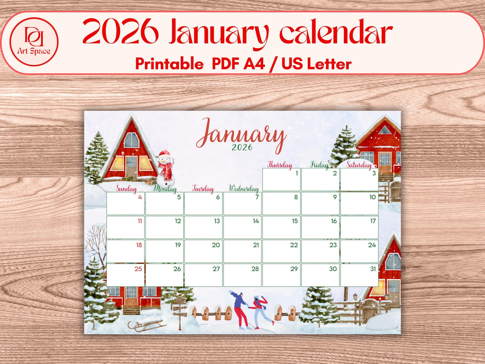 2026 January Watercolor Calendar, Printable PDF (A4/US Letter) - Etsy