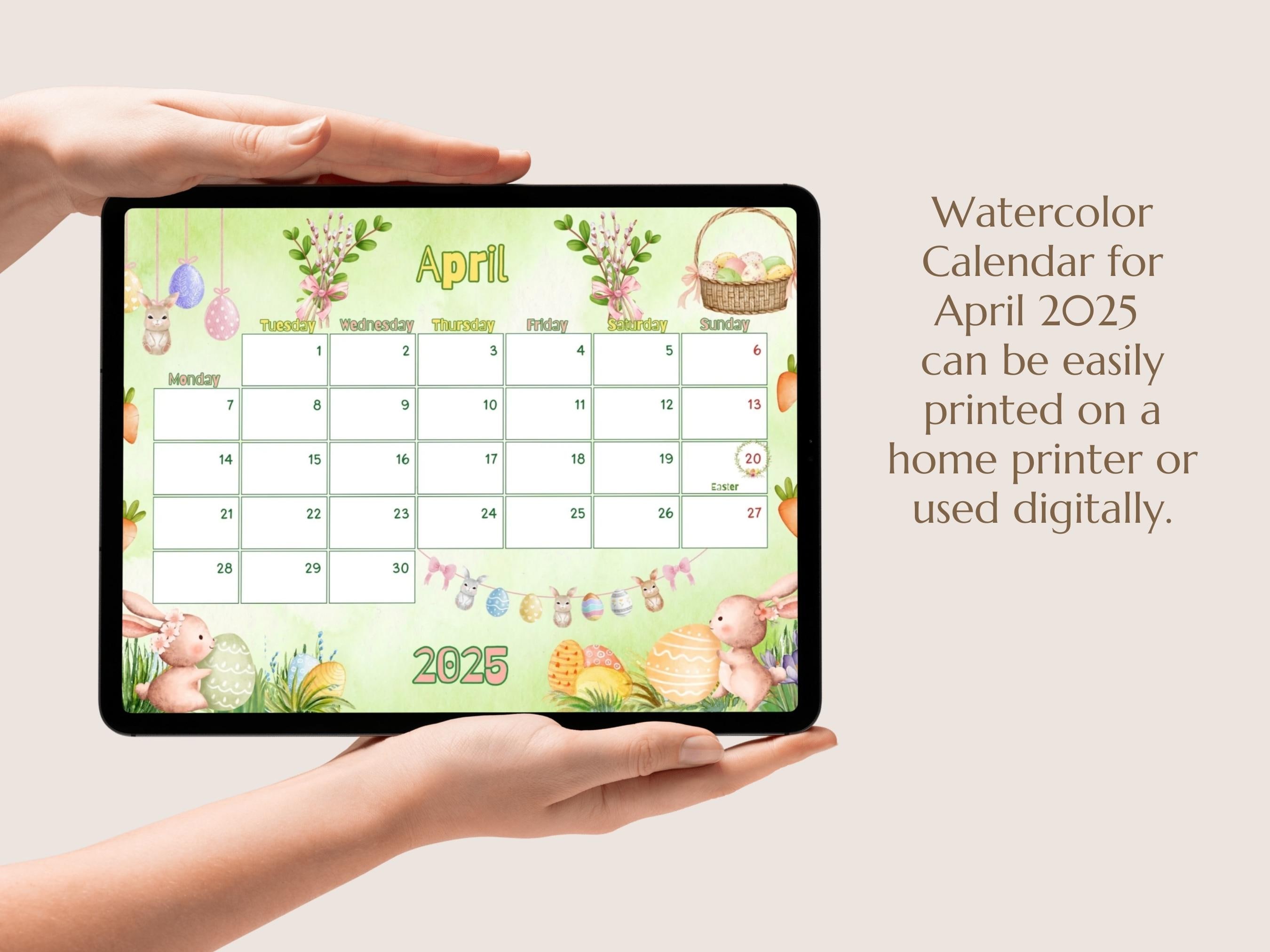 Cute Watercolor Calendar for April 2025 Printable Monthly 2025 Planner ...