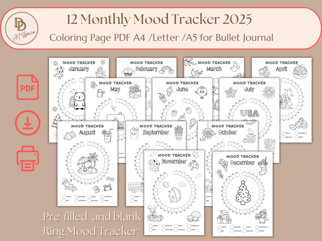 2025 Monthly Mood Tracker Coloring Pages: A4/a5/letter (PDF Download ...