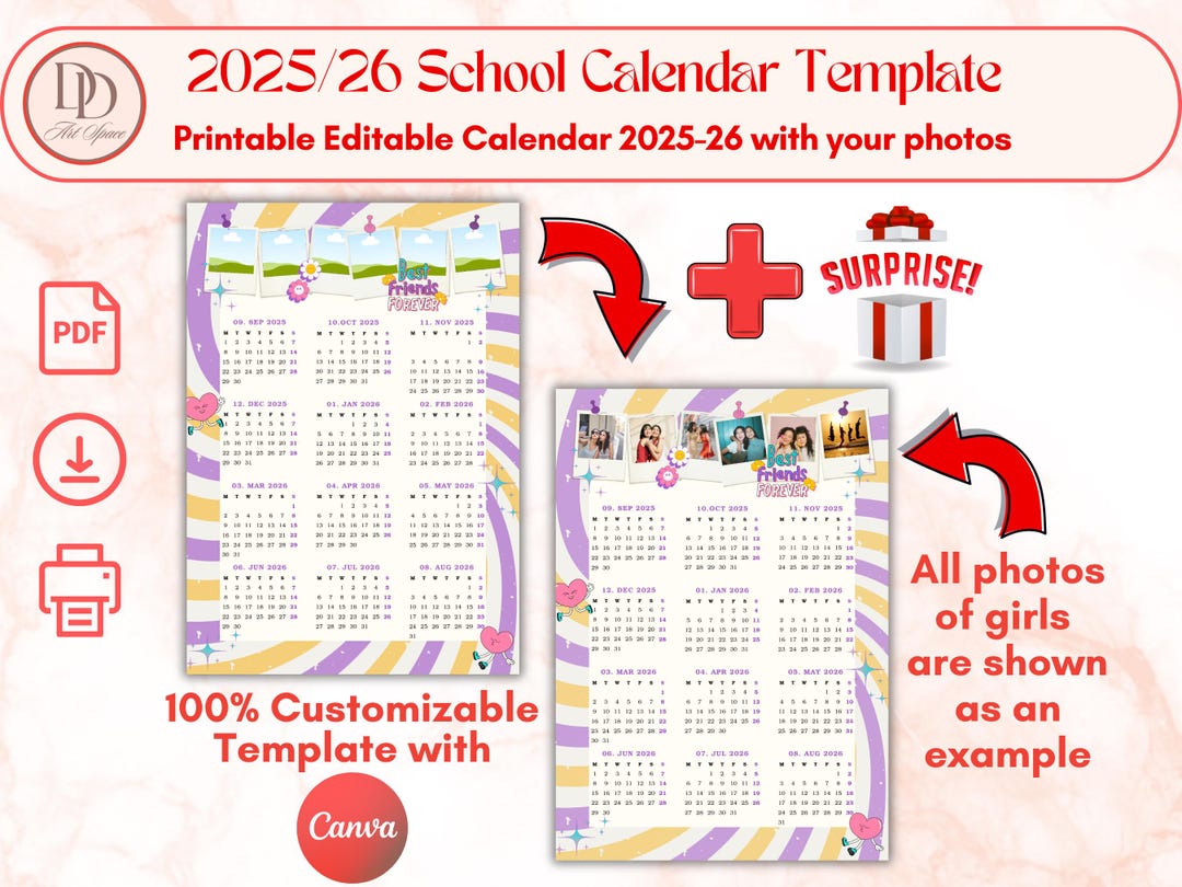 2025-2026 Photo School Calendar Template: Editable Student Wall Poster ...