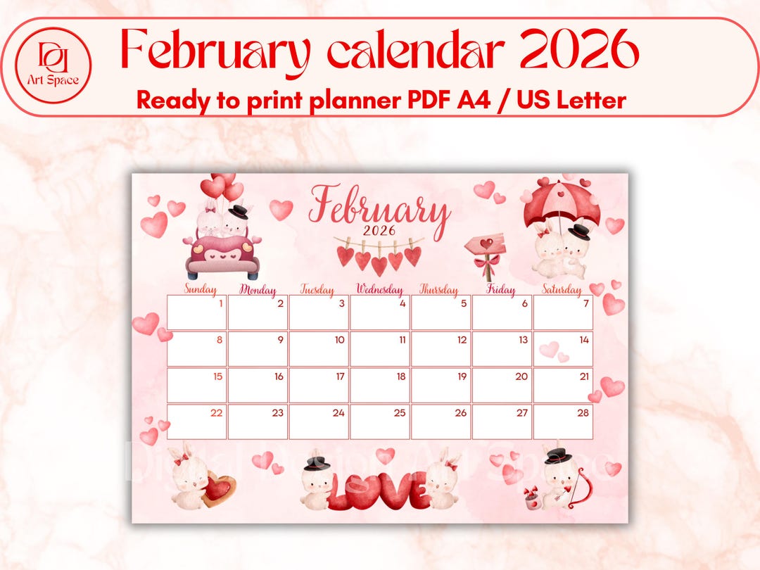 February 2026 Calendar: Valentines Day Watercolor Planner (PDF A4/US ...