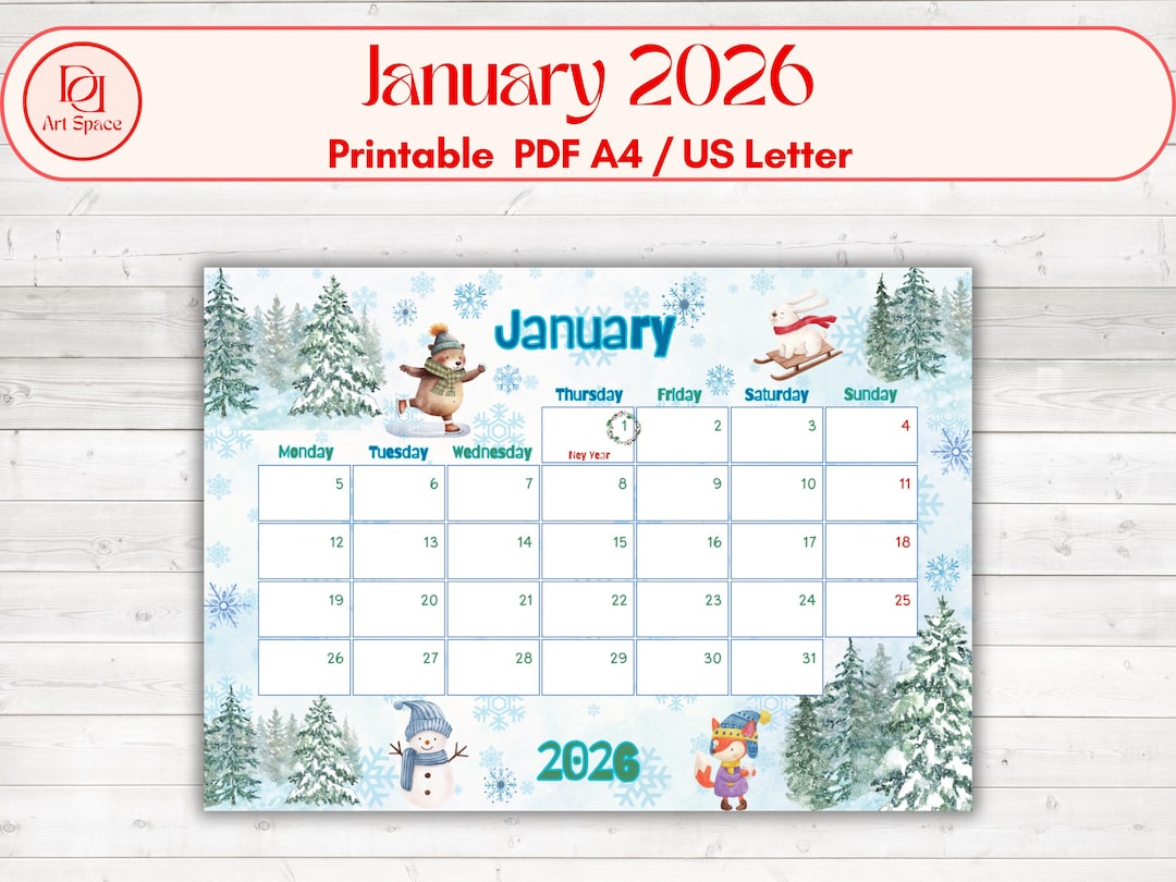 January 2026 Printable Calendar: Watercolor Monthly Planner (A4/US ...